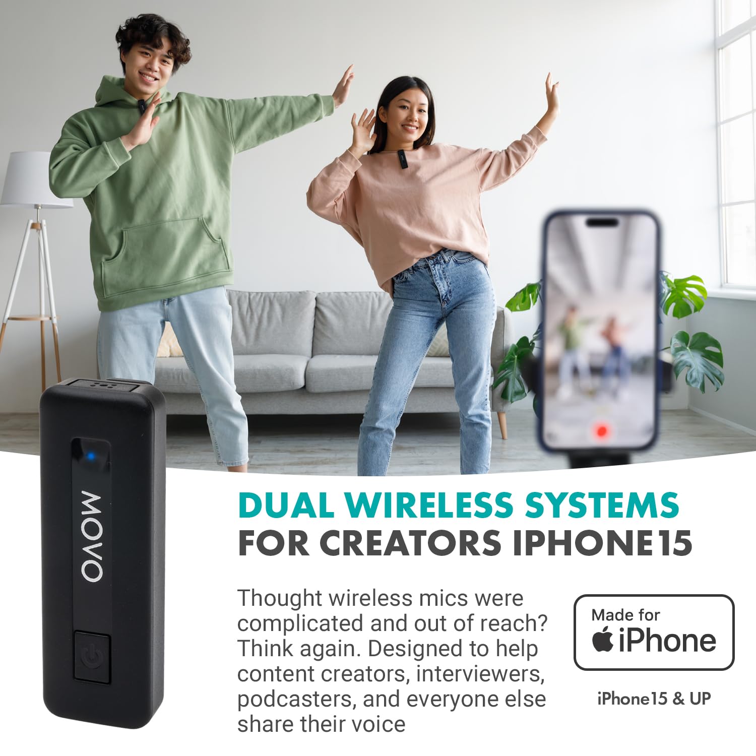 Movo Wireless Mini USB-C DUO Wireless Microphone for iPhone 15 - Ultracompact Bluetooth Microphone for iPhone 15 with Clip on Wireless Lavalier Microphone for iPhone 15