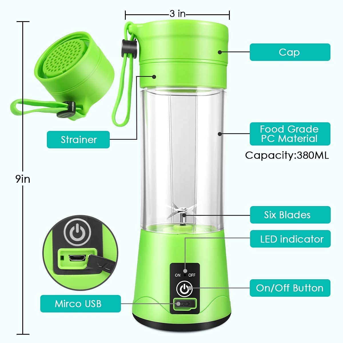 Vadaap Portable Blender, Personal Blender with USB Rechargeable Mini Fruit Juice Mixer, Personal Size Blender for Smoothies and Shakes Mini Juicer Cup Travel 380ML, Green, S