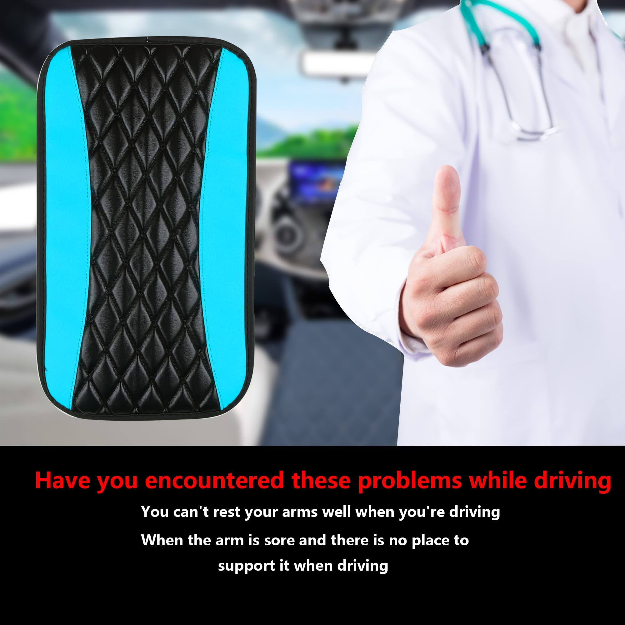 NHHC Car Center Console Pad,Comfortable PU Leather Car Armrest Cushion,Waterproof and Anti-Scratch Car Interior Accessories Universal for SUV/Truck/Car (Blue)