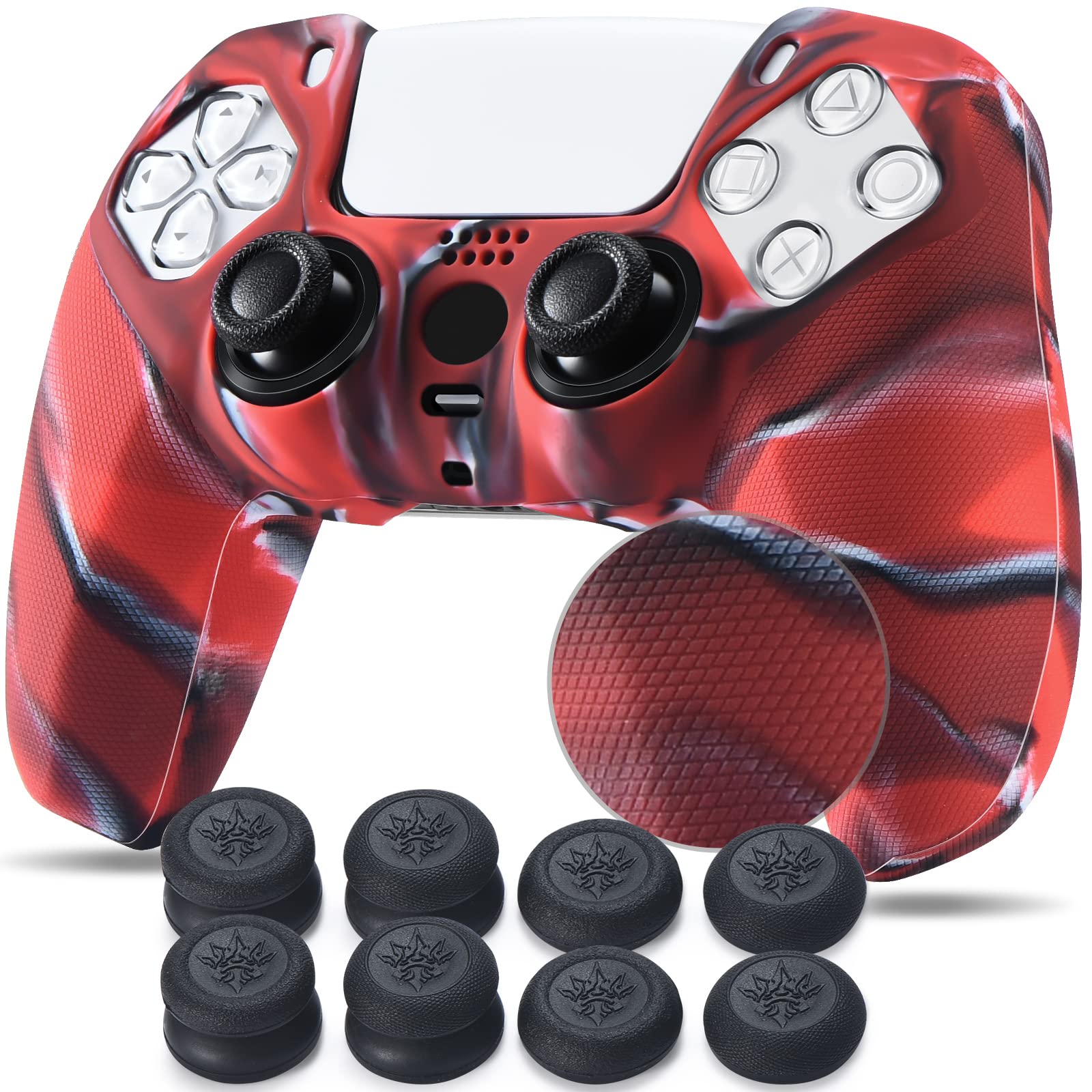 Pandaren Grip Texture Silicone Skin for PS5 Dualsense Controller x 1 Camouflage red with Pro Thumb Grips x 8