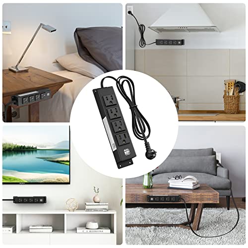 Wall Mount Power Strip with USB, 4 AC Outlet and 2 USB Ports, 6.5 FT Flat Plug Extension Cord, Mountable Power Strip Outlet for/Workbench/Office/Drawer/Nightstand/Cabinet/Desk/Table
