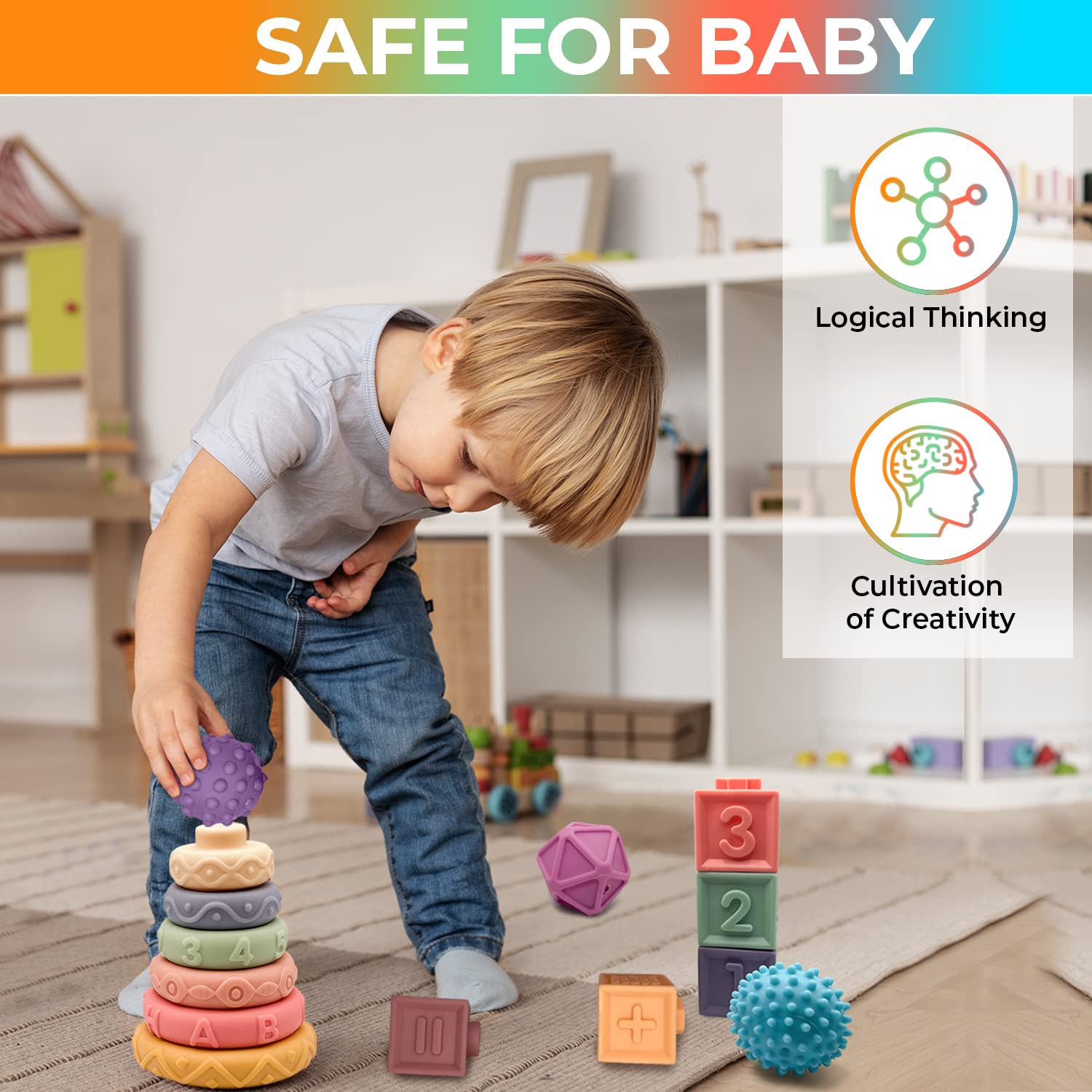w Gemenis Baby Stacking and Nesting Toy Set β Soft Stack Rings, Educational Building Blocks, and Sensory Balls Squeeze and Learning Toys for Teething β Gift Ideas for Kids