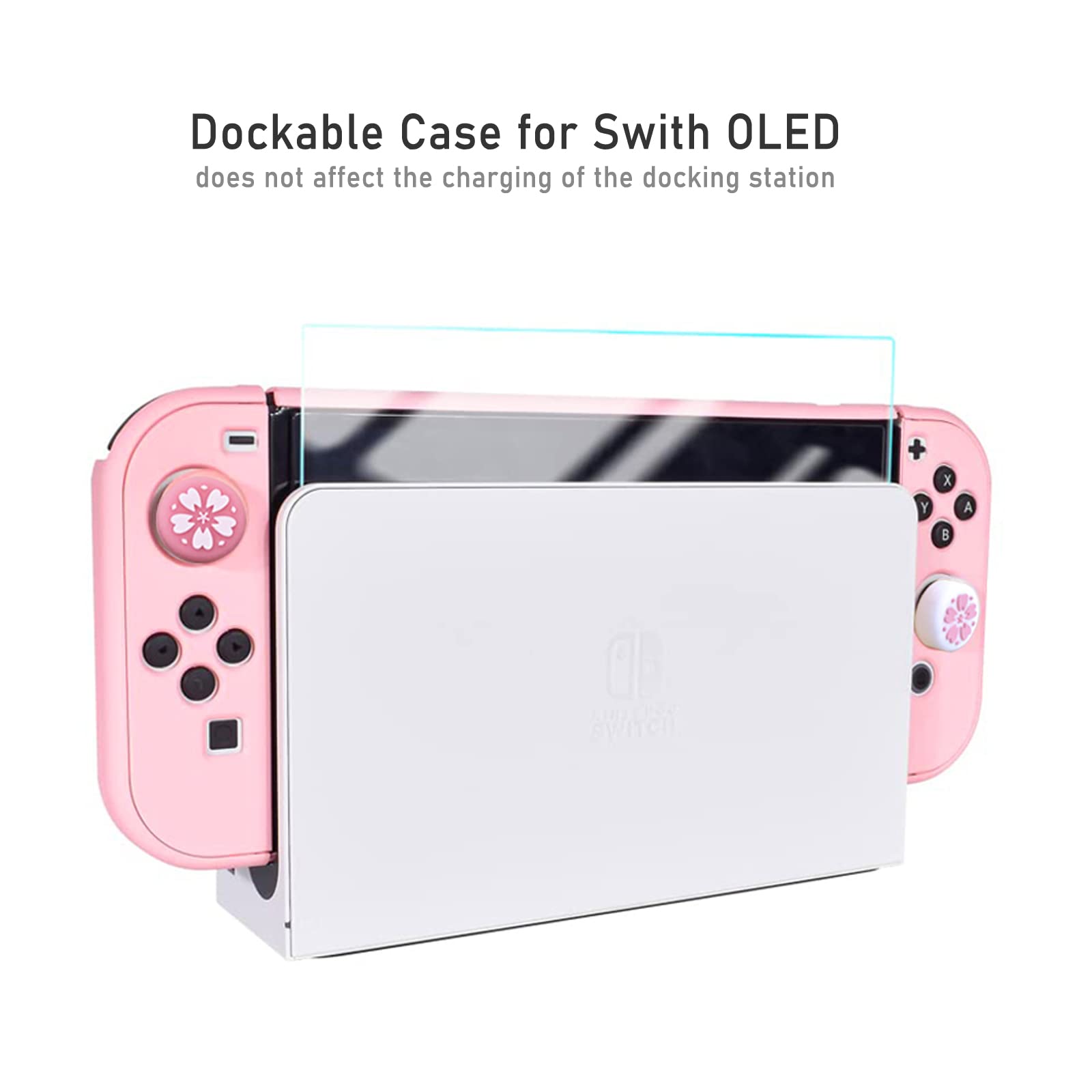 Switch OLED Case Dockable Flip Shell Protective Cover for Nintendo Switch OLED 2021 Console and Joy-Con Controller with Screen Protector & 2 Thumb Grip Caps, Pink