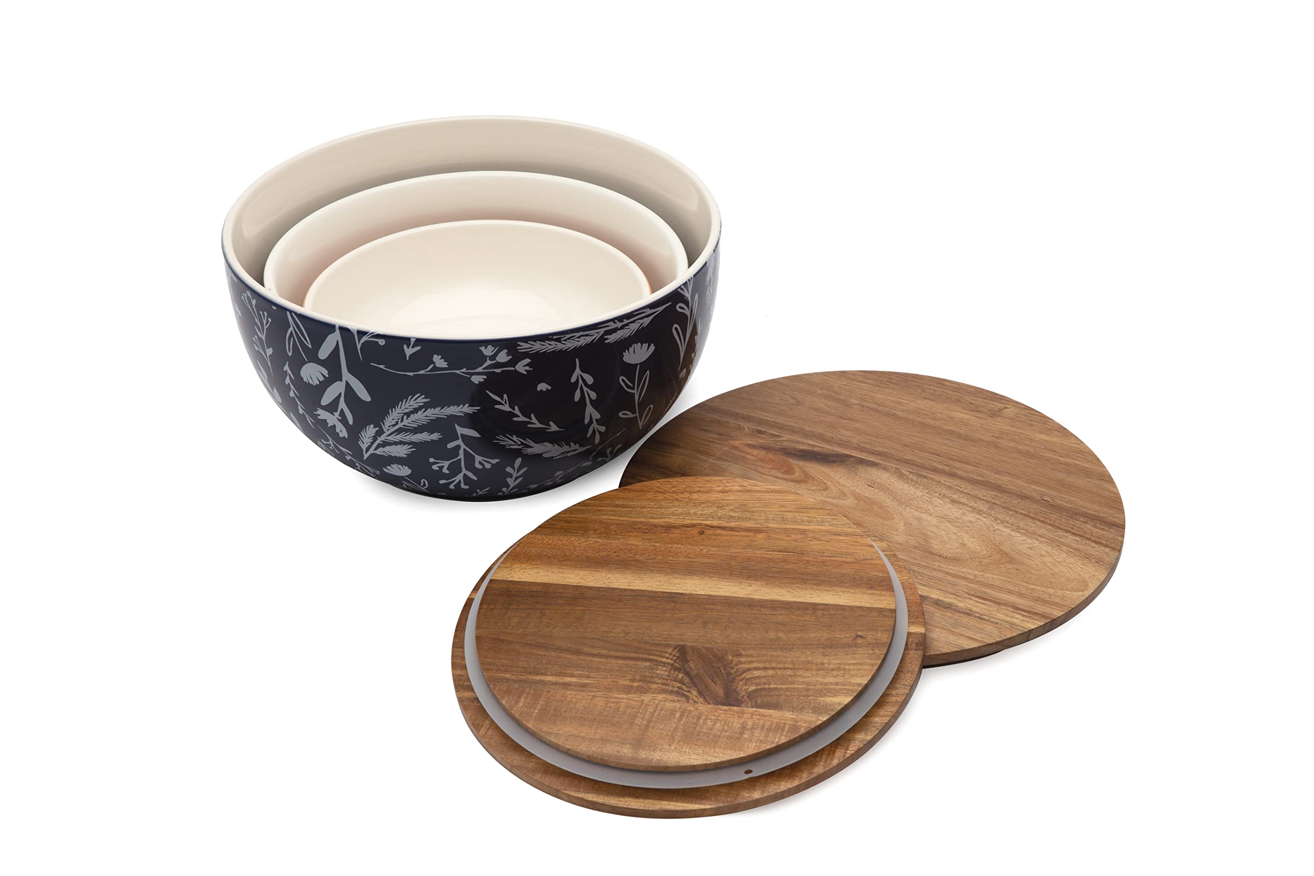 Thirstystone Set of 3 Ceramic Mixing/Salad Bowls with 2 Acacia Wood Lids Attractive Floral Designs Small Medium & Large Bowls