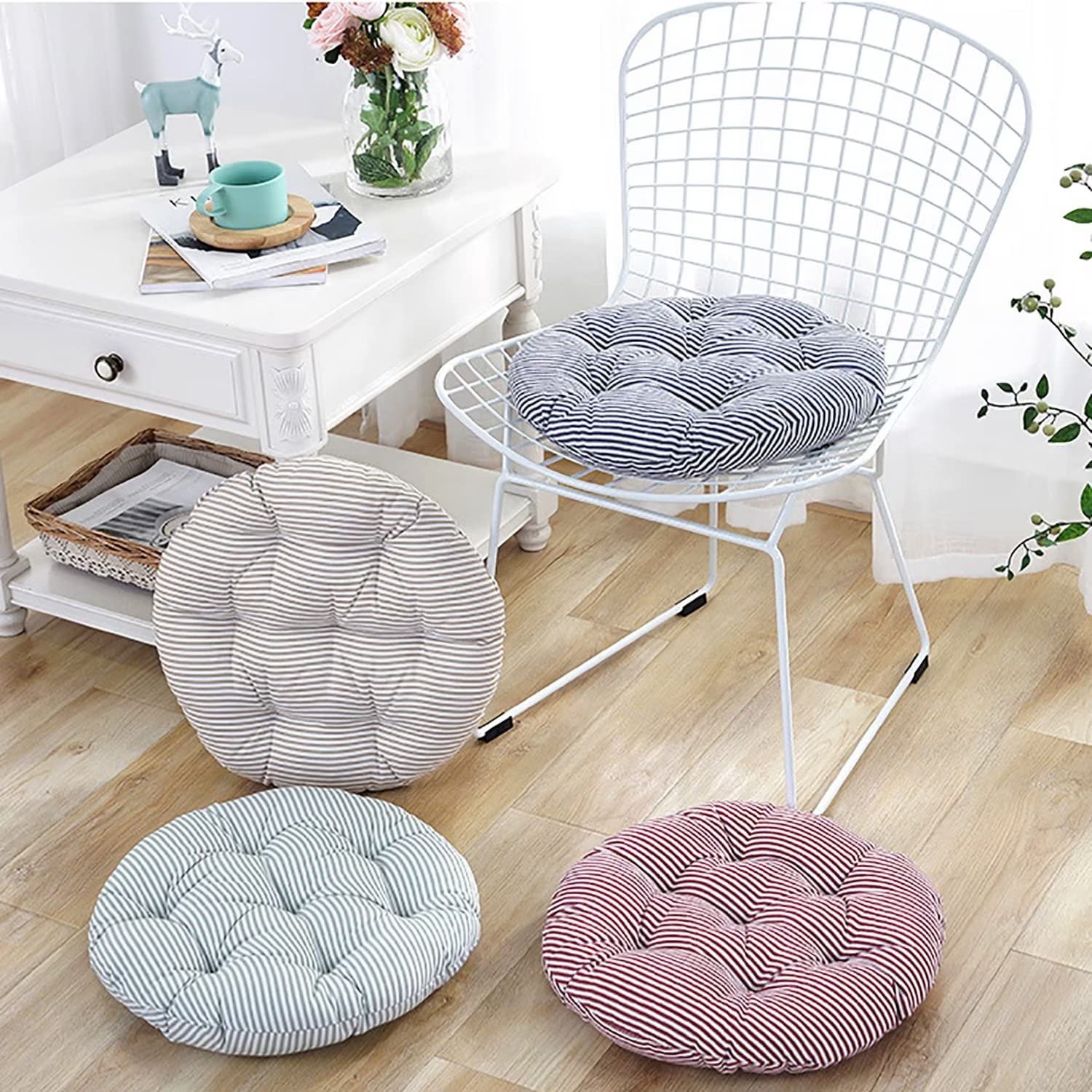 Striped Chair Cushion Round Floor Pillow,Thickened Seat Cushion Canvas Fabric Pearl Cotton Filled Inner Core,Home Office Soft Chair Cushions 17'' Blue