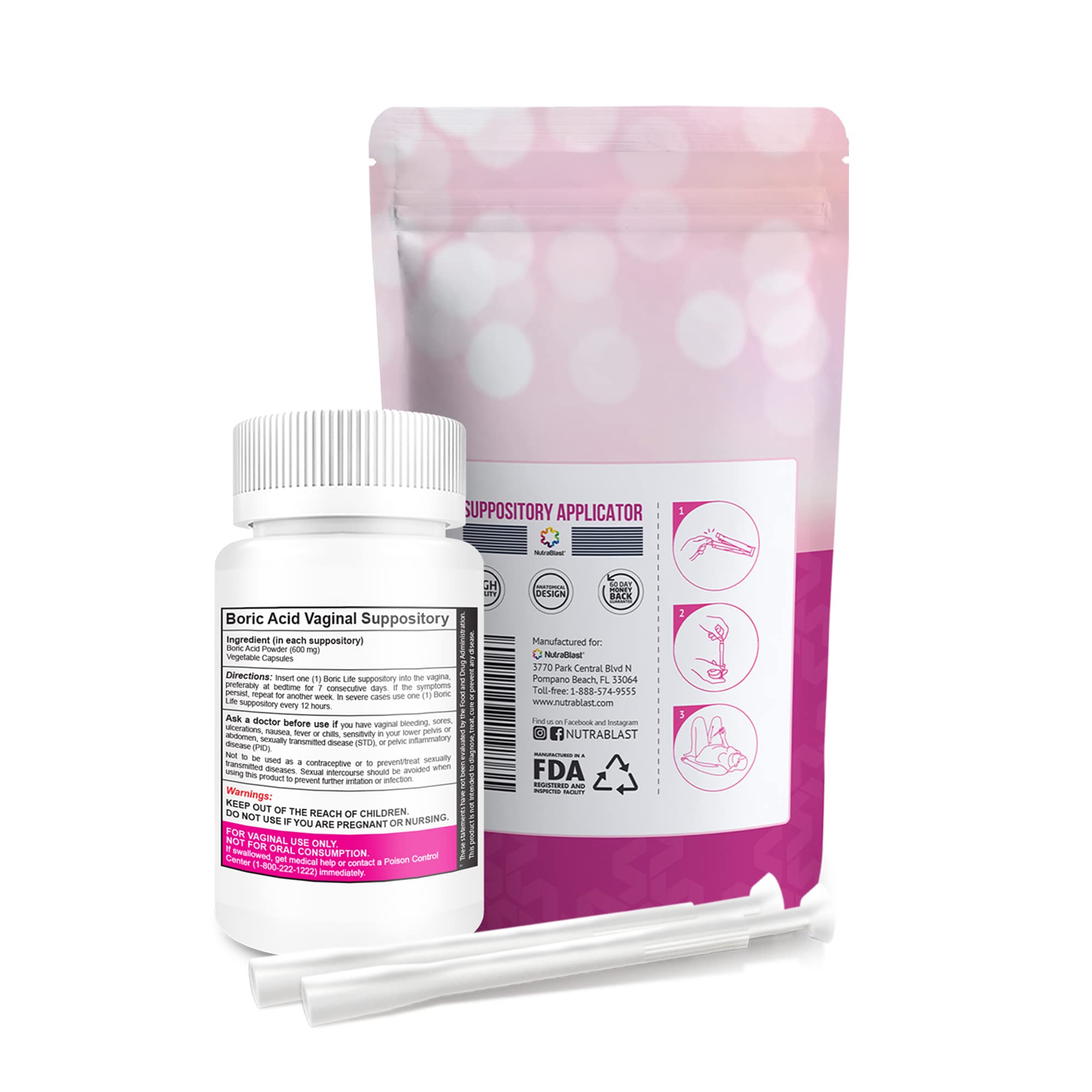 NutraBlast Boric Acid Vaginal Suppositories 600mg w/Applicator, 30 Suppositories & 15 Applicators - Feminine Care - Made in USA