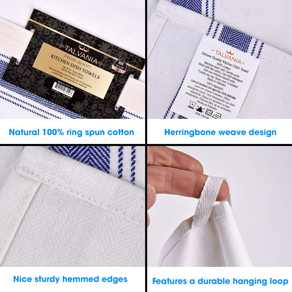 TALVANIA Kitchen Dish Towels 100% Cotton White Flour Sack Tea Cloth with Blue Herringbone Stripe, Pack of 12 Perfect Classic Dish Towel 15” x 25” Dishcloths for Bars Kitchens Counters etc.