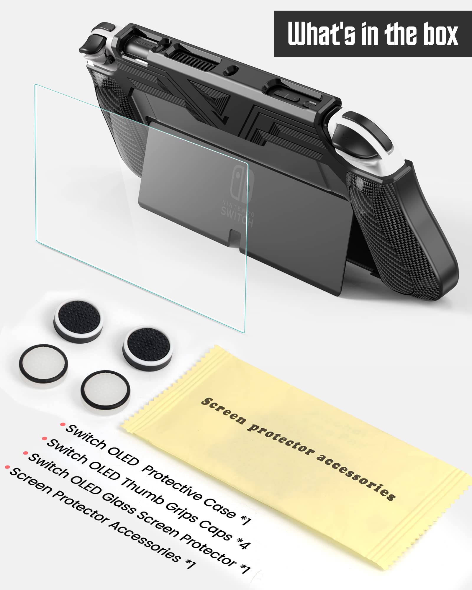 Switch OLED Protective Case, Wiilkac Dockable TPU Case Cover with Screen Protector and 4 Thumb Caps Cover Compatible with Switch OLED Console and Joy Con, Black