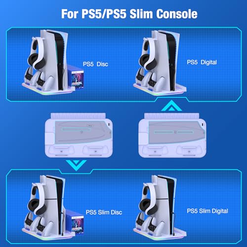 RGB Stand for PS5 Slim Cooling Station and Controller Charging Station for Playstation 5 Slim Console, for PS5 Accessories-Cooling Stand, Controller Charger, Cooling Fan, Headset Holder, 15 Game Slot