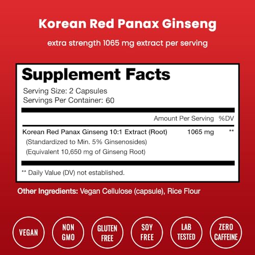 NutraChamps Korean Red Panax Ginseng Capsules | Extra Strength Ginsenosides for Energy, Focus, Performance, Vitality & Immune Support | Korean Red Ginseng Root Extract Powder Supplement | Vegan Pills