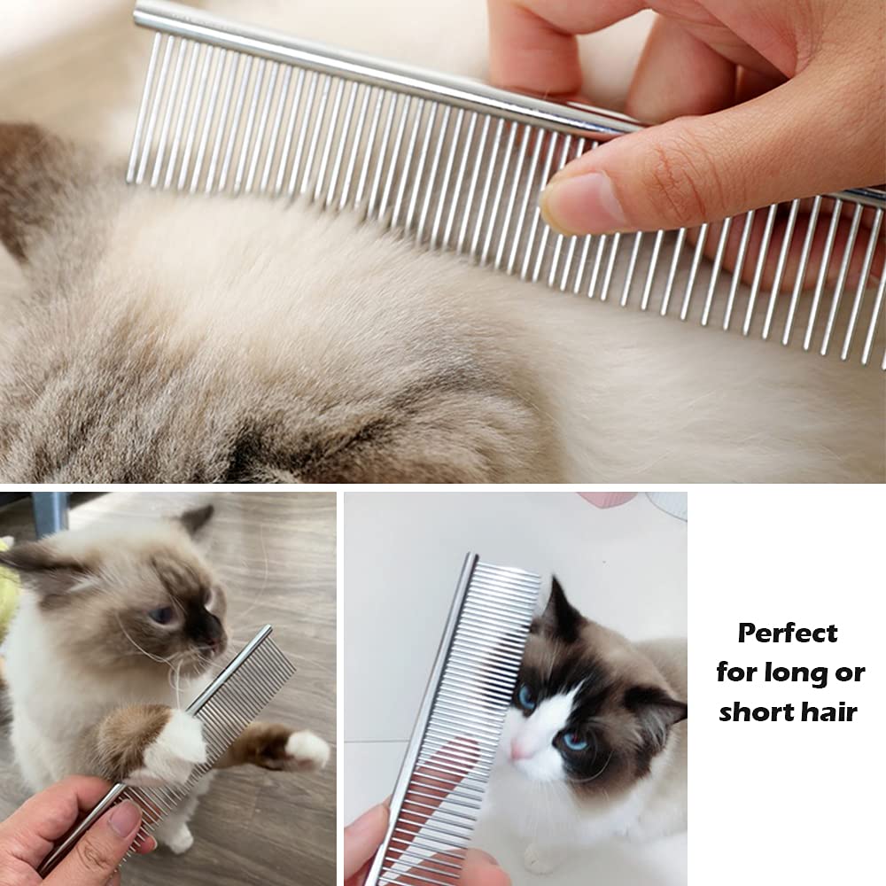 TanDraji Dog Combs for Grooming, 2 Pack Metal Dog Comb with Rounded Teeth, Stainless Steel Cat Comb for Removing Tangles and Knots for Dogs and Cats