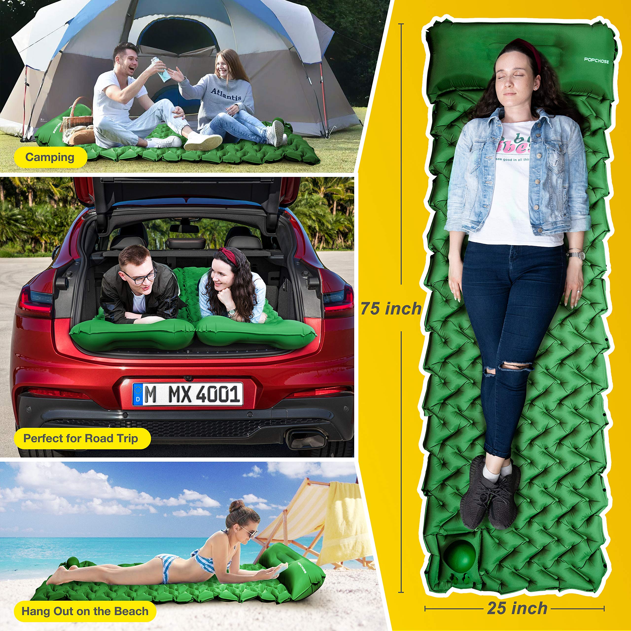 POPCHOSE Camping Sleeping Pad, Ultra-Lightweight Air Mattress with Built-in Pump, 75x25 Inch