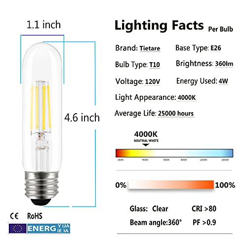 SANCARDY Tietare T10 LED Bulbs Daylight 4000K, Dimmable Tubular Light Bulbs 40 watt, Tubular LED Light Bulbs 4W E26 Medium Base, LED Filament Light Bulbs 40 watt for Desk Lamp, Pendant Lights(3-Pack)