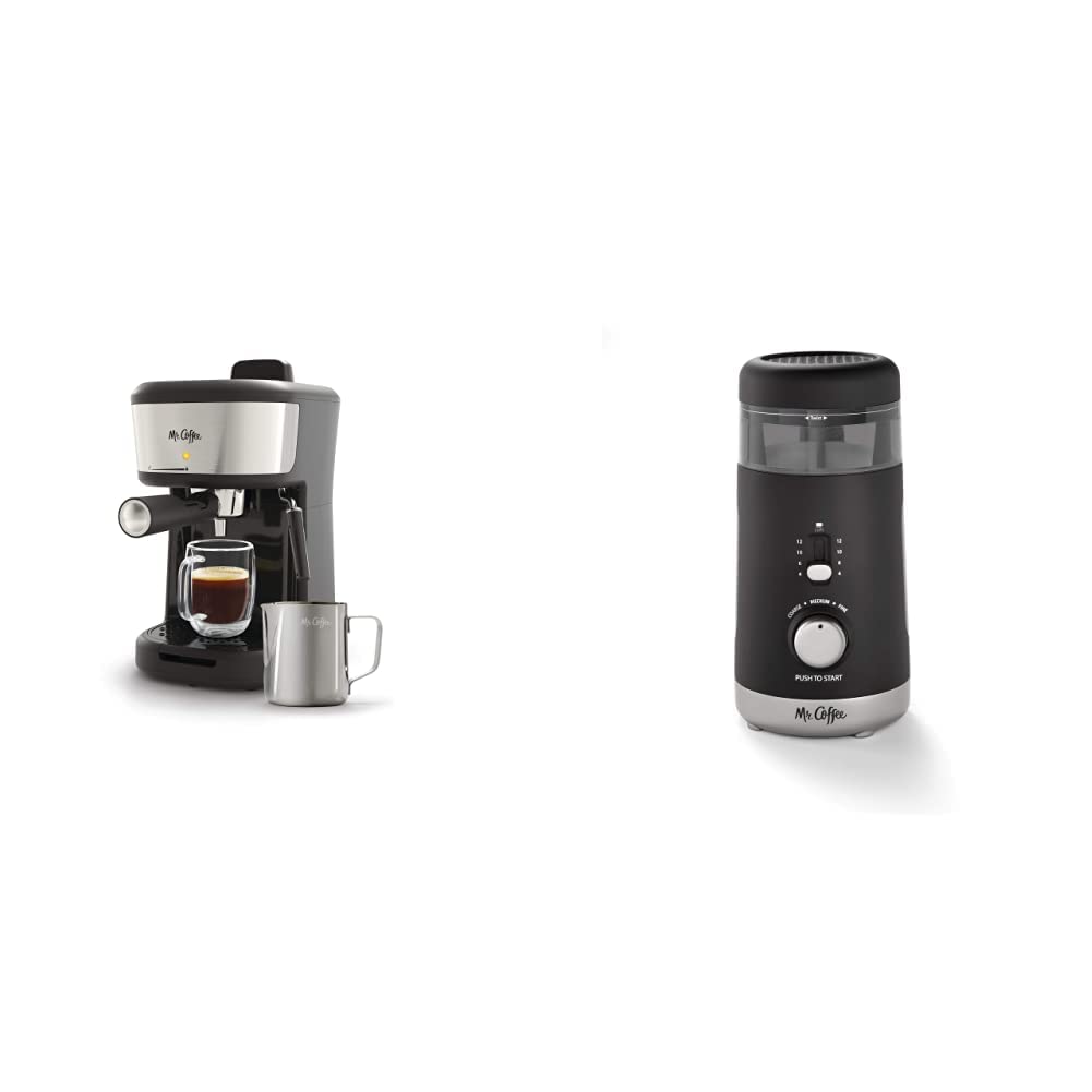 Mr. Coffee Espresso and Cappuccino Machine, Stainless Steel & Coffee Grinder, Automatic Grinder with 5 Presets, 12 Cup Capacity, Black