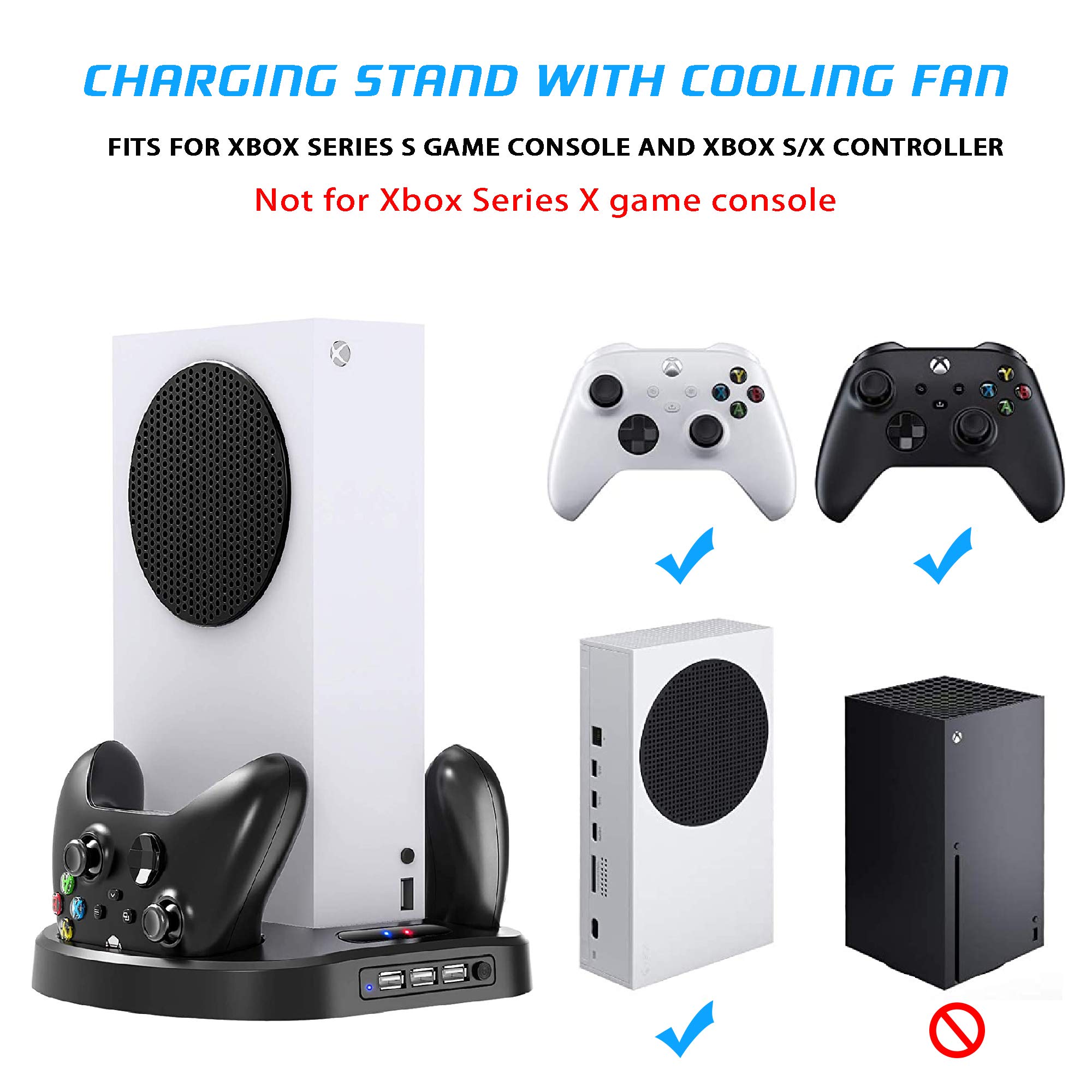 RHOTALL Cooling Fan for Xbox series S controller Charging Dock Station, Vertical Charging Stand with Controller Charger, LED Indicator and 3 USB Hubs