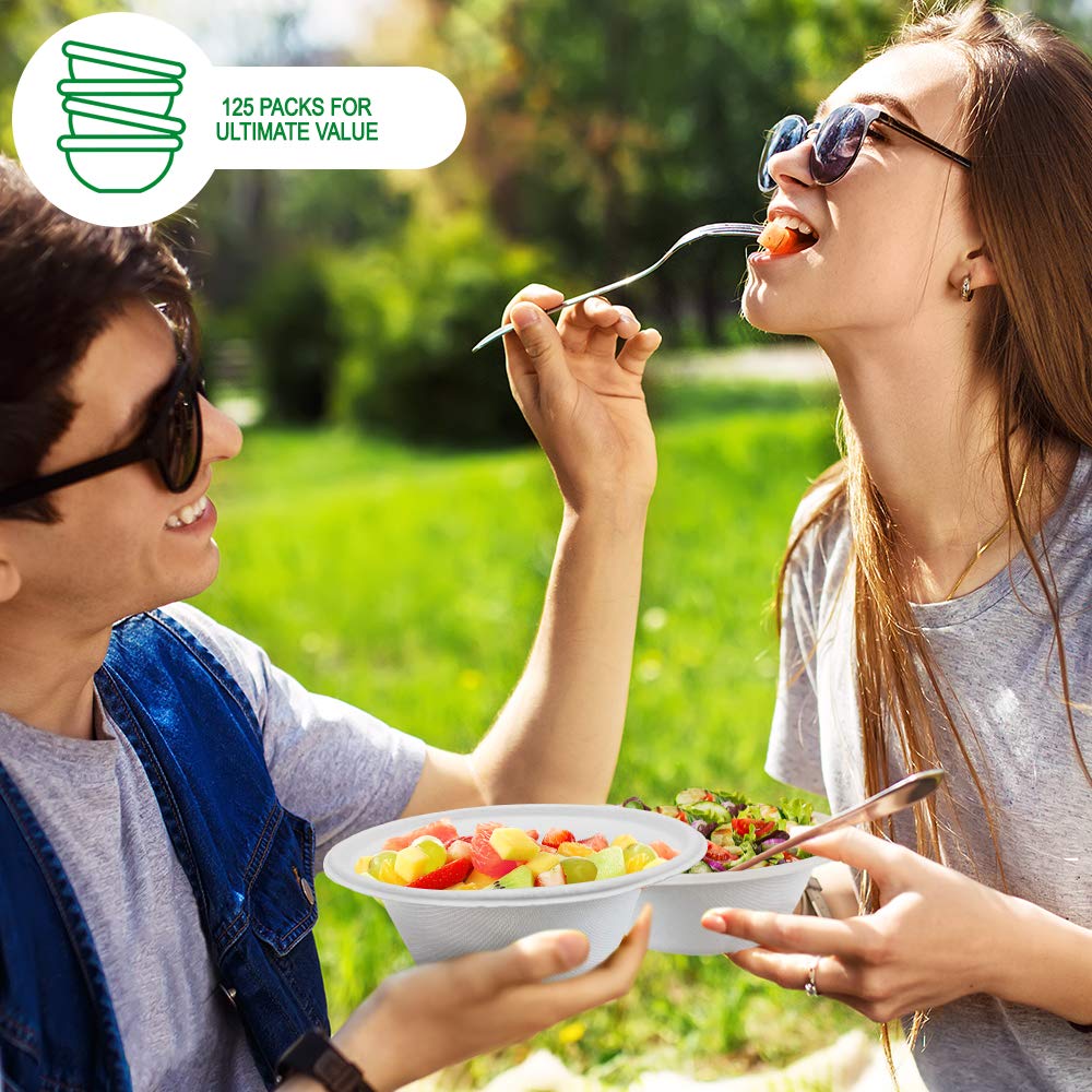 Paper Bowls 12 oz [125-Pack] - 100% Biodegradable Heavy Duty Disposable Bowls, Compostable Bowl Made from Bagasse/Sugarcane, for Hot and Cold Food – Sturdy Design and Textured Exterior