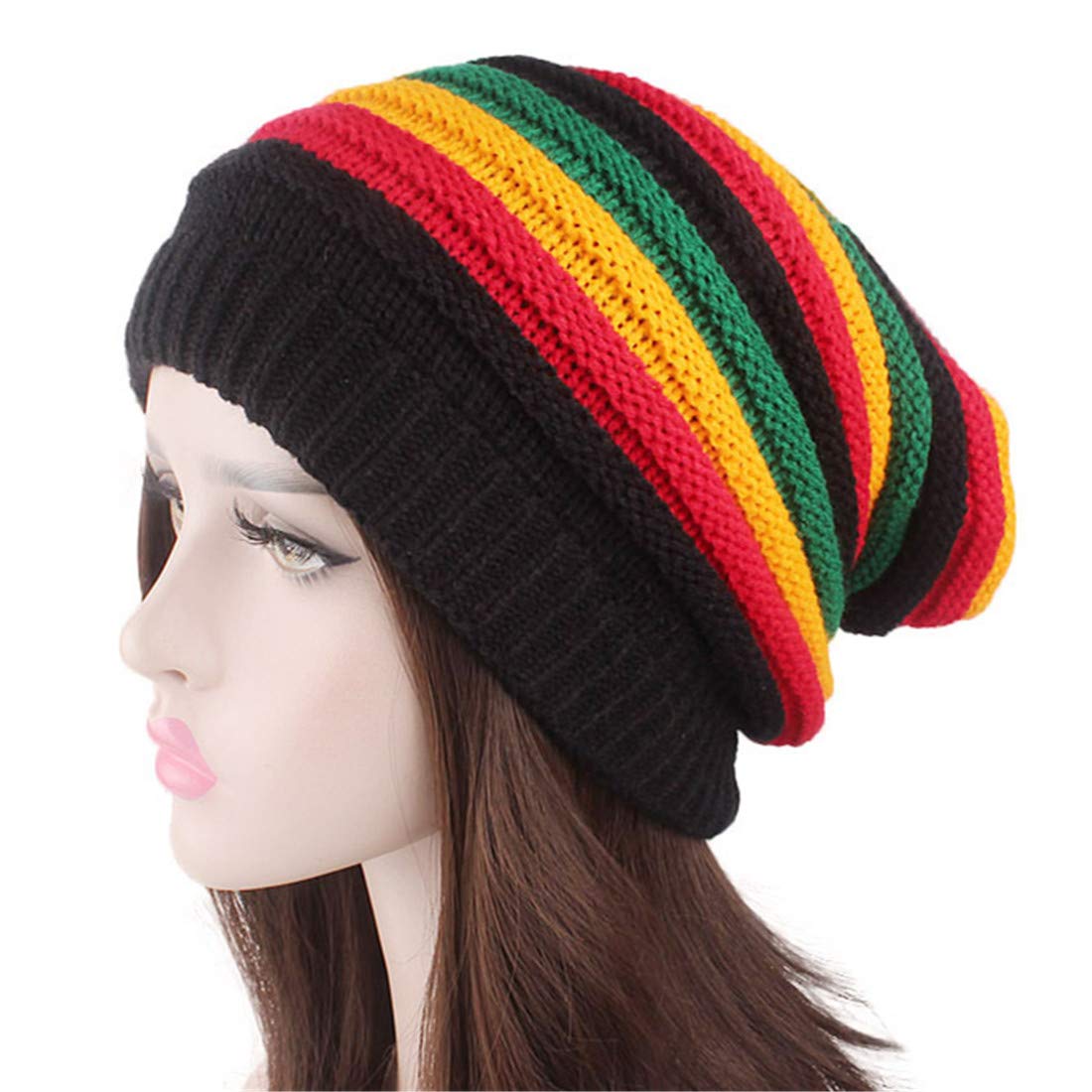 Qhome Fashion Jamaican Reggae Cap Multi-Colour Striped Rasta Hat Slouchy Baggie Beanie Skullies Gorro Rasta Women