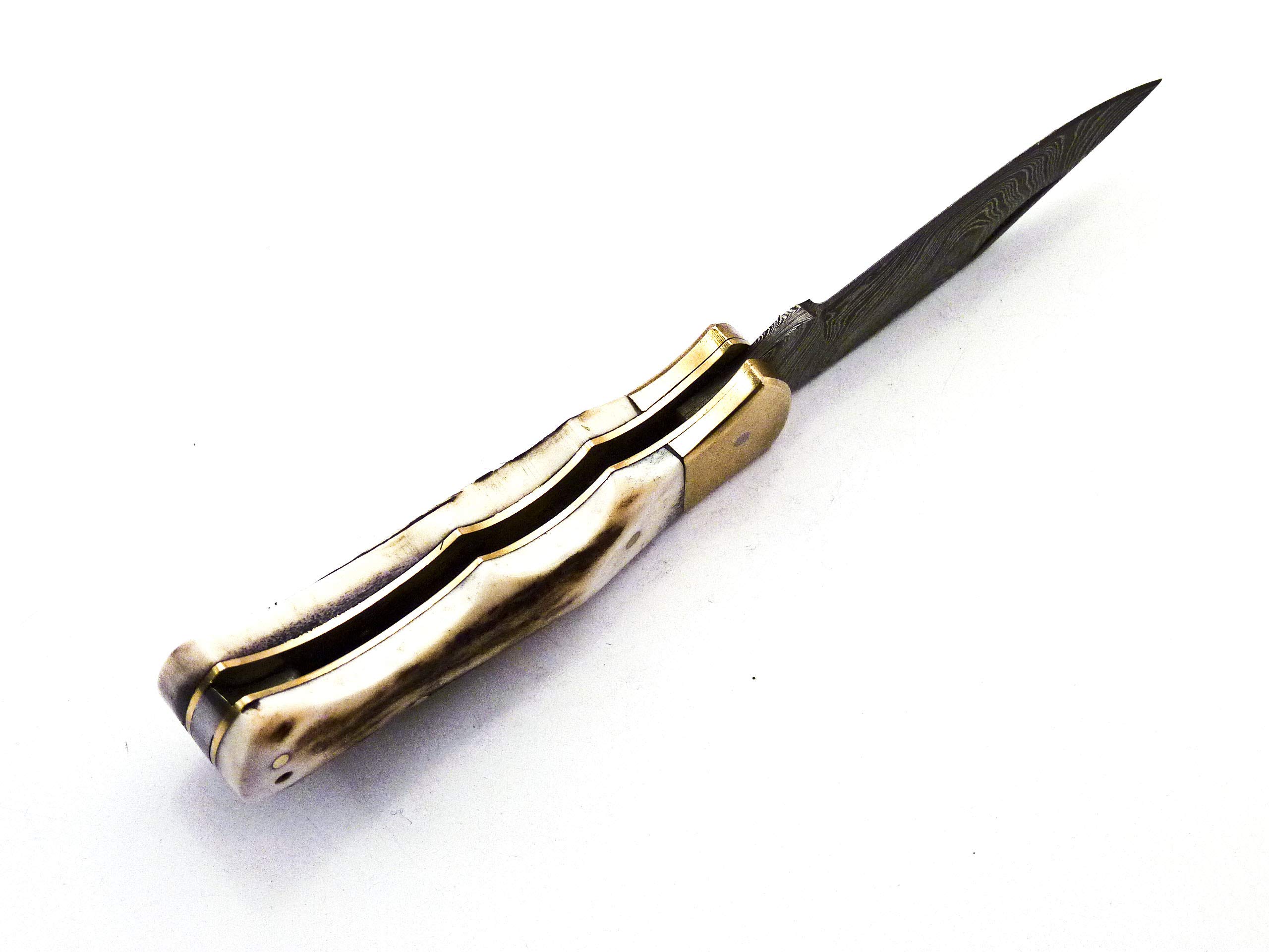 Skokie Knives Custom Hand Made Damascus Steel Hunting Pocket Folding Knife With Handle Stag Antler (S.F)