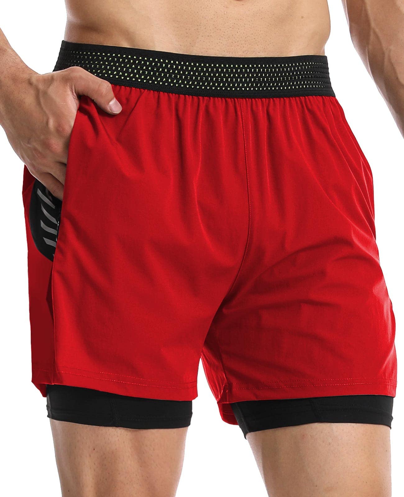 Surenow Men's 2 in 1 Running Shorts, 5" Workout Breathable Shorts, Quick Dry Gym Training Jogging Short with Phone Pocket Red