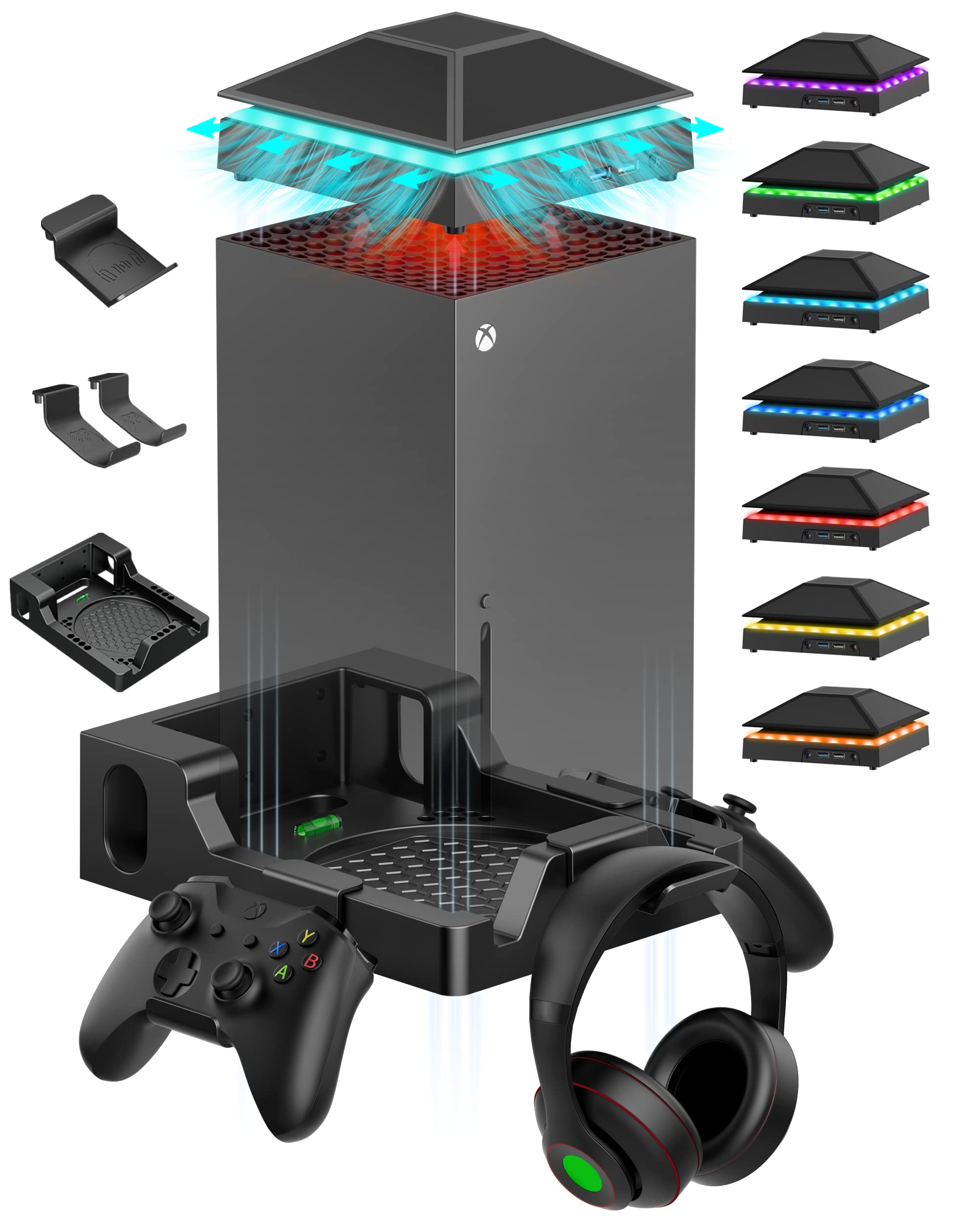 Wall Mount Kit with Cooling Fan for Xbox Series X, Wiilkac 3 Levels Adjustable Speed Cooler Fan System with RGB Light, 4 in 1 Wall Mount Kit for Series X with Two Controller Holders & Headphone Hook