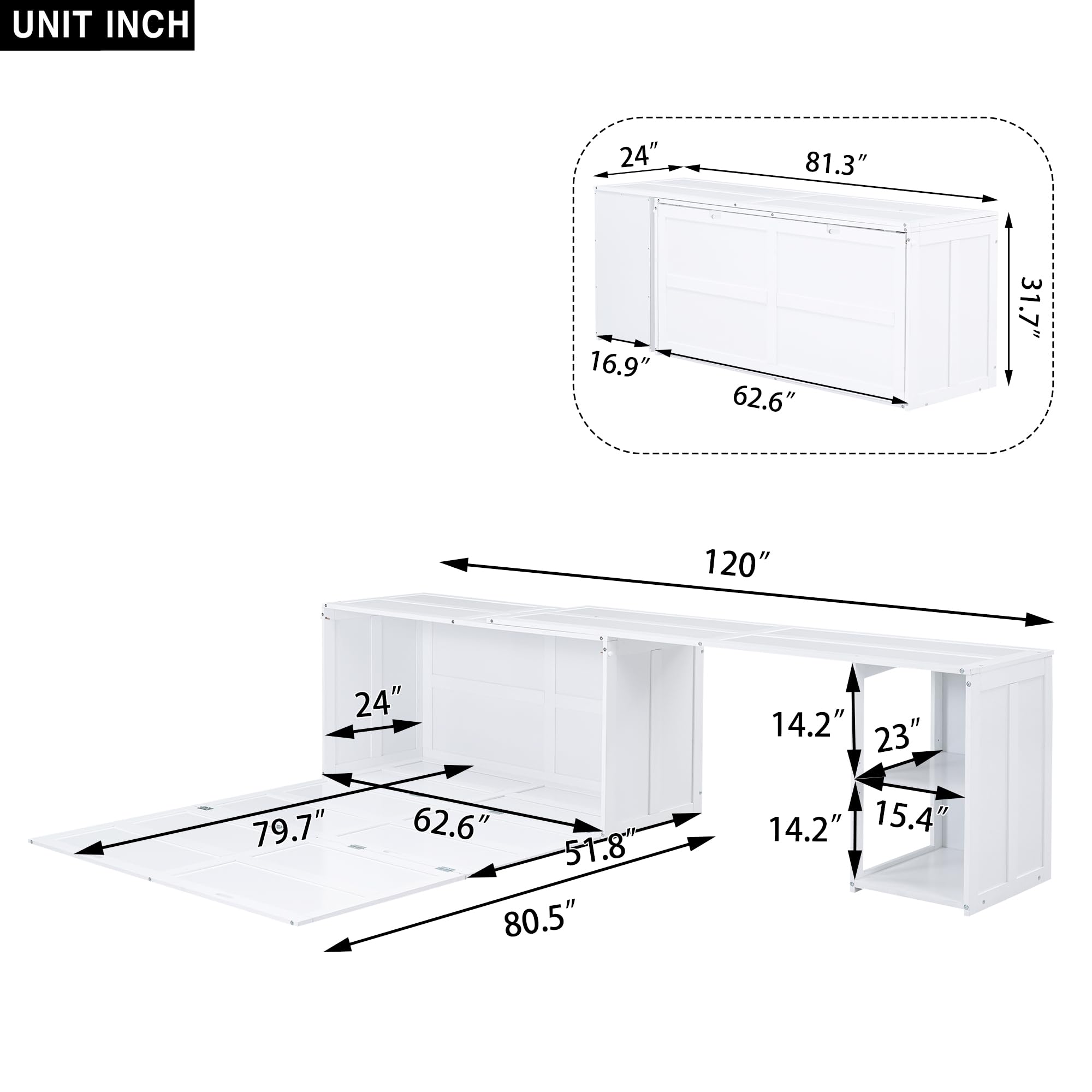 Mobile Cube Murphy Bed, Wood Queen Size Murphy Bed Chest with Rotable Desk, Space-Saving Folding Bed Floor Bed, Kids Adults Bedroom Furniture Queen Bed Multipurpose Cabinet Bed Murphy Bed (White Bed)