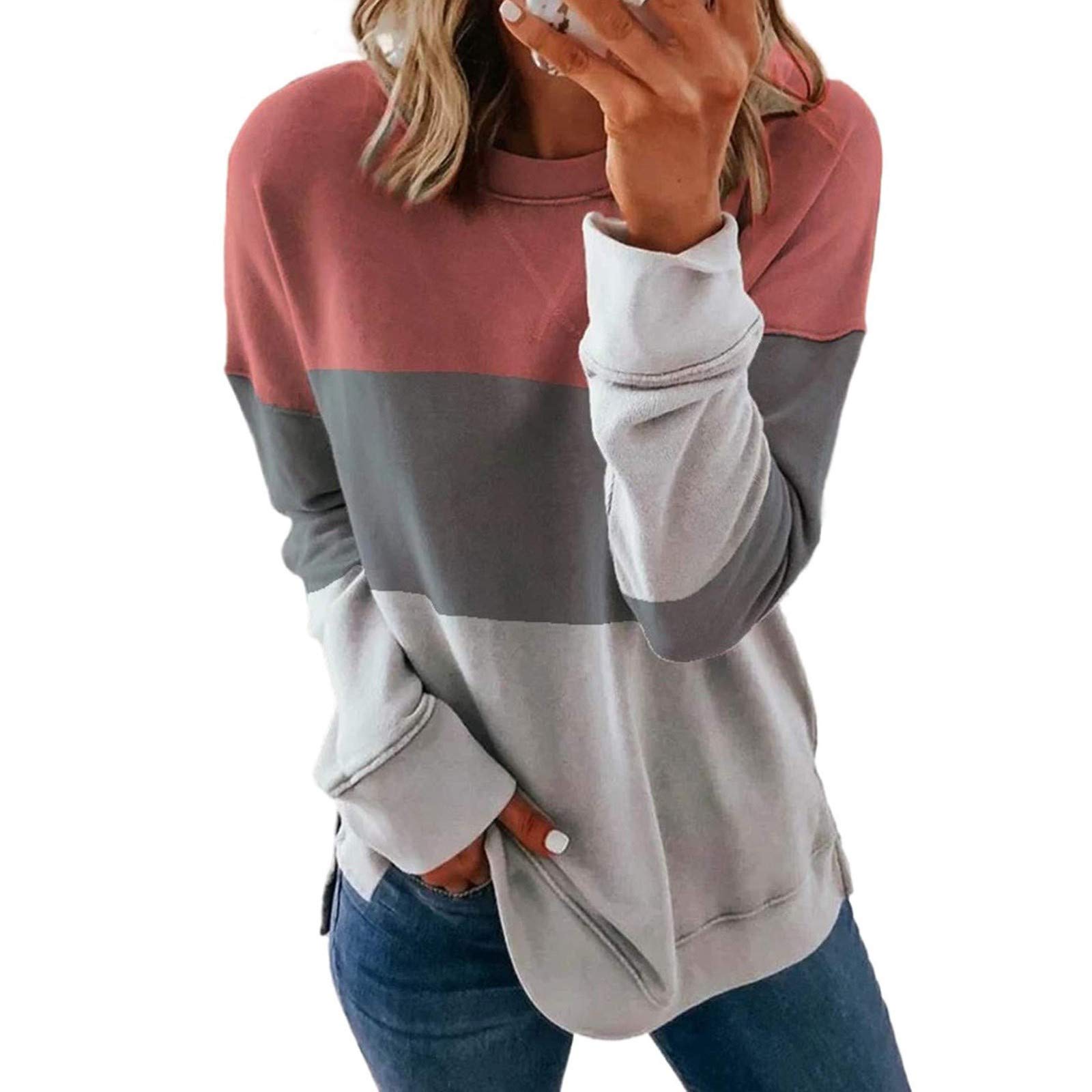 Womens Causal Loose Crewneck Sweatshirt Plus Size 2023 Spring Fashion Long Sleeve Striped Pullover Tops Trendy Shirt