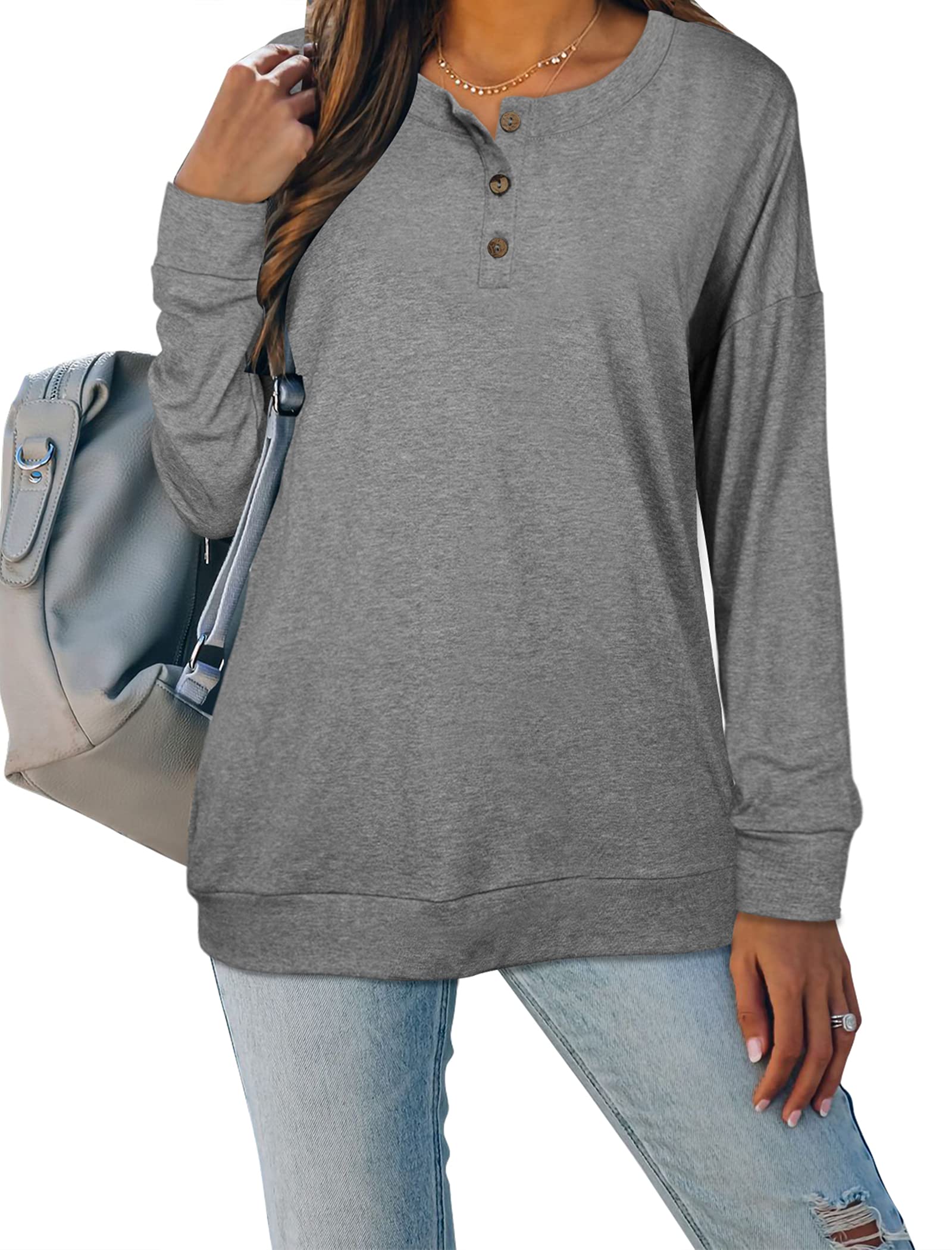Saloogoe Tunic Sweatshirt for Women Oversized Long Sleeve Shirts Button Casual Tops Grey M