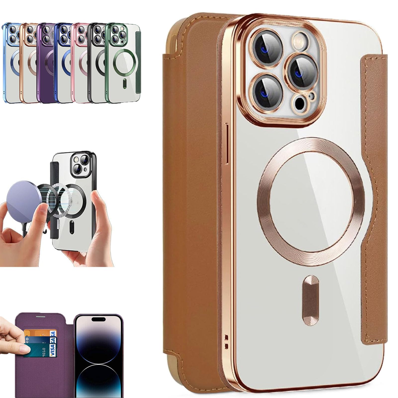 OSEVIO Transmitg Luxury Leather Flip Magnetic Phone Case with Card Holder, Transmitg Magnetic Leather Wallet Card Flip Transparent Case for iPhone 15 14 13 12 11 Pro Max (for iPhone 14 Pro,Brown)