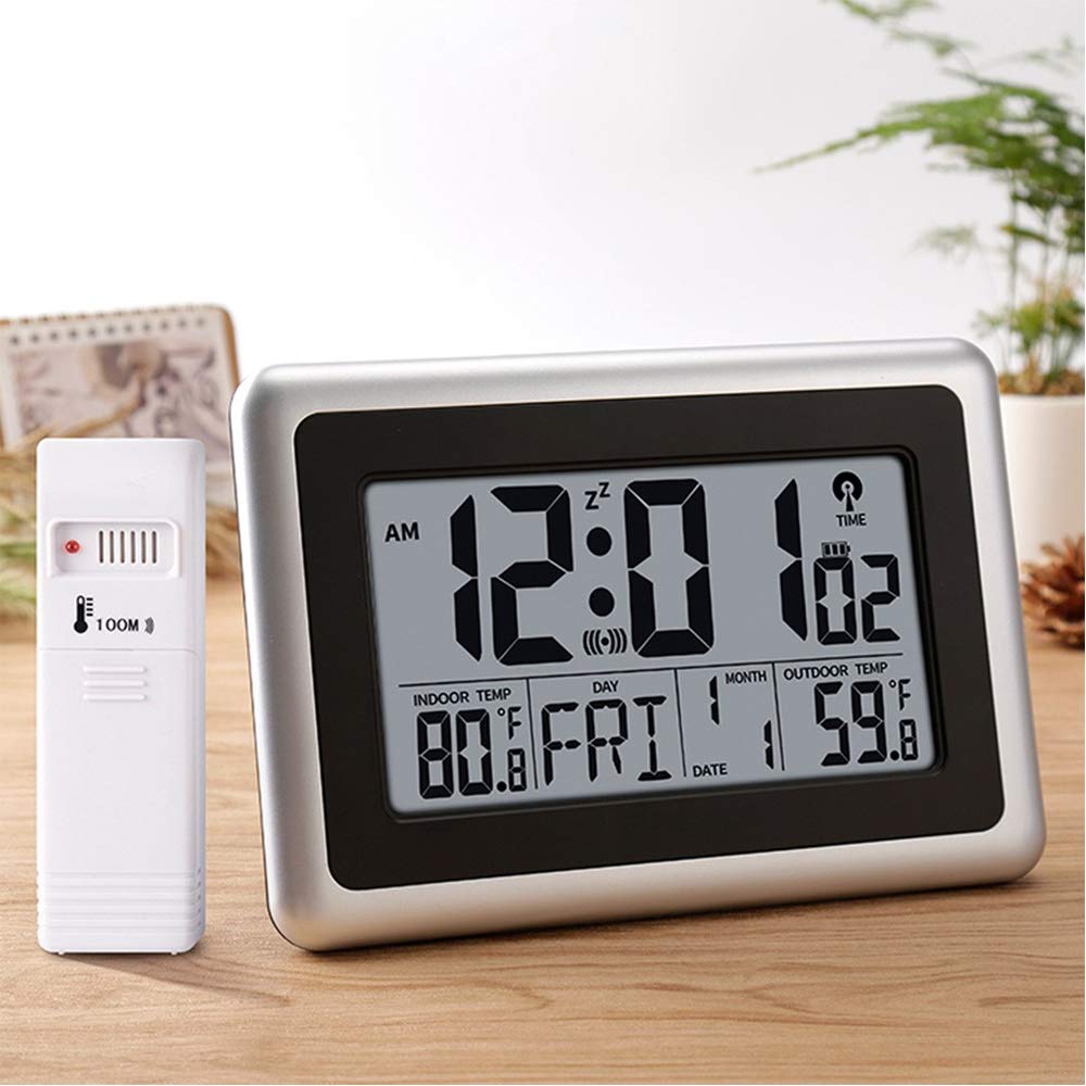 Ruan Atomic Wall Desk Clock Large Display with Indoor Outdoor Temperature Date Calendar, Digital Alarm Clock Battery Operated Without Backlight for Kitchen Bedroom