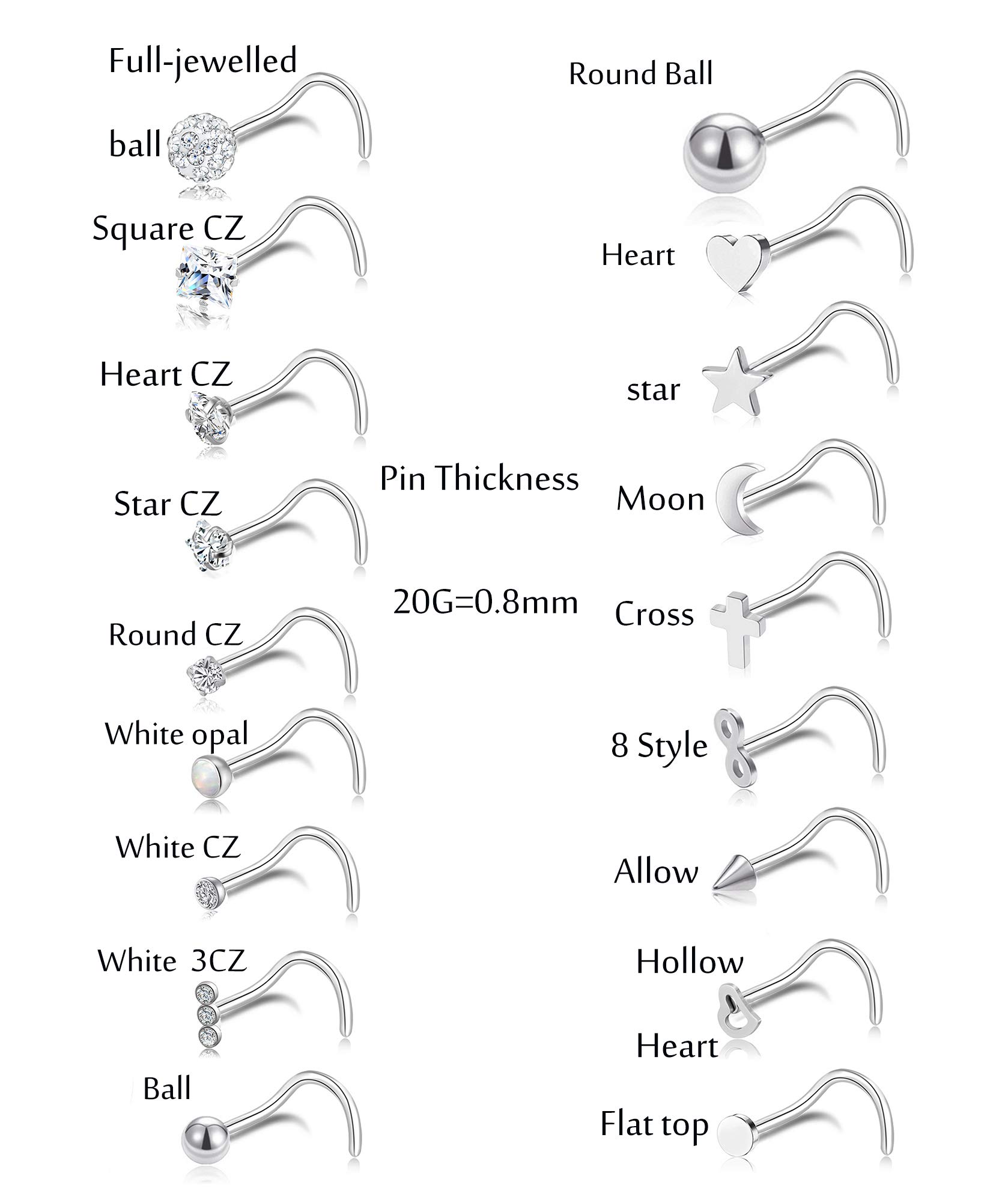 Ofeiyaa 38Pcs Stainless Steel Nose Rings Geometric Nose Studs Septum Ring Hoop Cartilage Stud Nose L & I Shape Body Piercing Jewelry for Women Silver Rose Gold Tone (A2:38pcs,S Silver Stone)