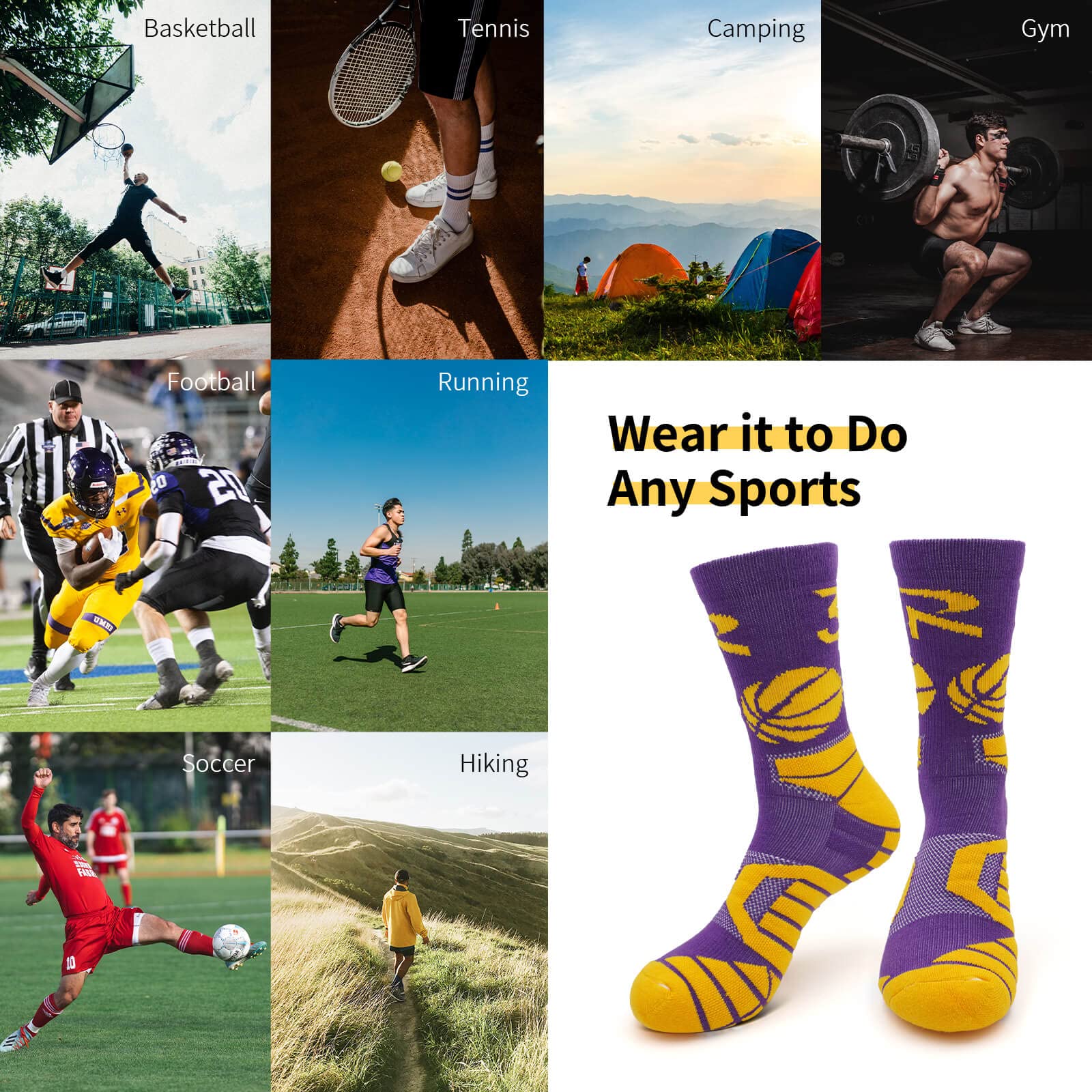 Ruinlong Elite Basketball Socks, 3 Pack Athletic Socks Thick Compression Sports Socks for Men & Women(Yellow/White/Purple)