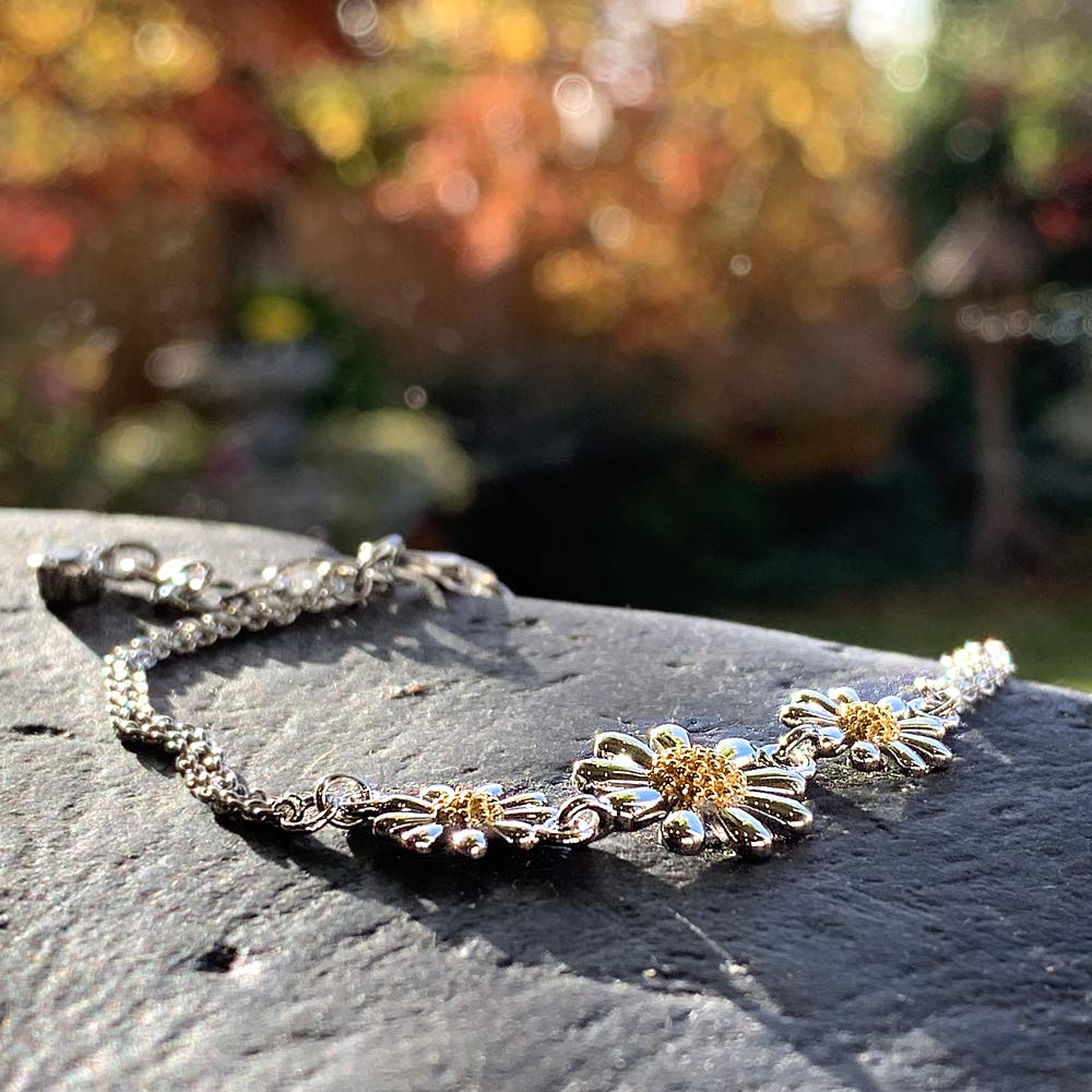 Paul Wright 925 Sterling Silver Daisy Bracelet, Three Daisies with 18ct Gold Plated Centres, Double Chain, 6.5β Plus 1β Extender