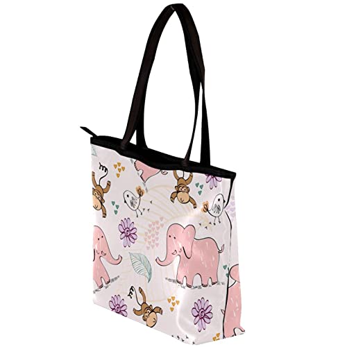 Women's Large Size Canvas Shoulder Bag Hobo Crossbody Handbag Casual Tote, Elephant Monkey Bird Cartoon Animal