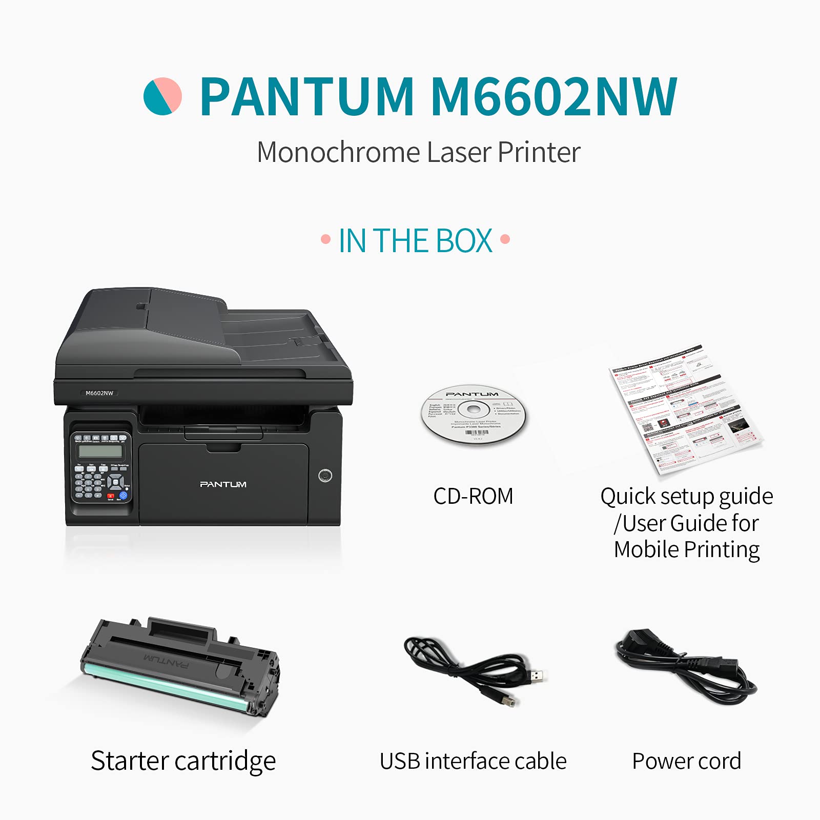 Pantum All in One Laser Printer Monochrome Printer Scanner Copier and Fax with Auto Document Feeder, Wireless Multifunction Black and White Laser Printers for Home Use, M6602NW, Black