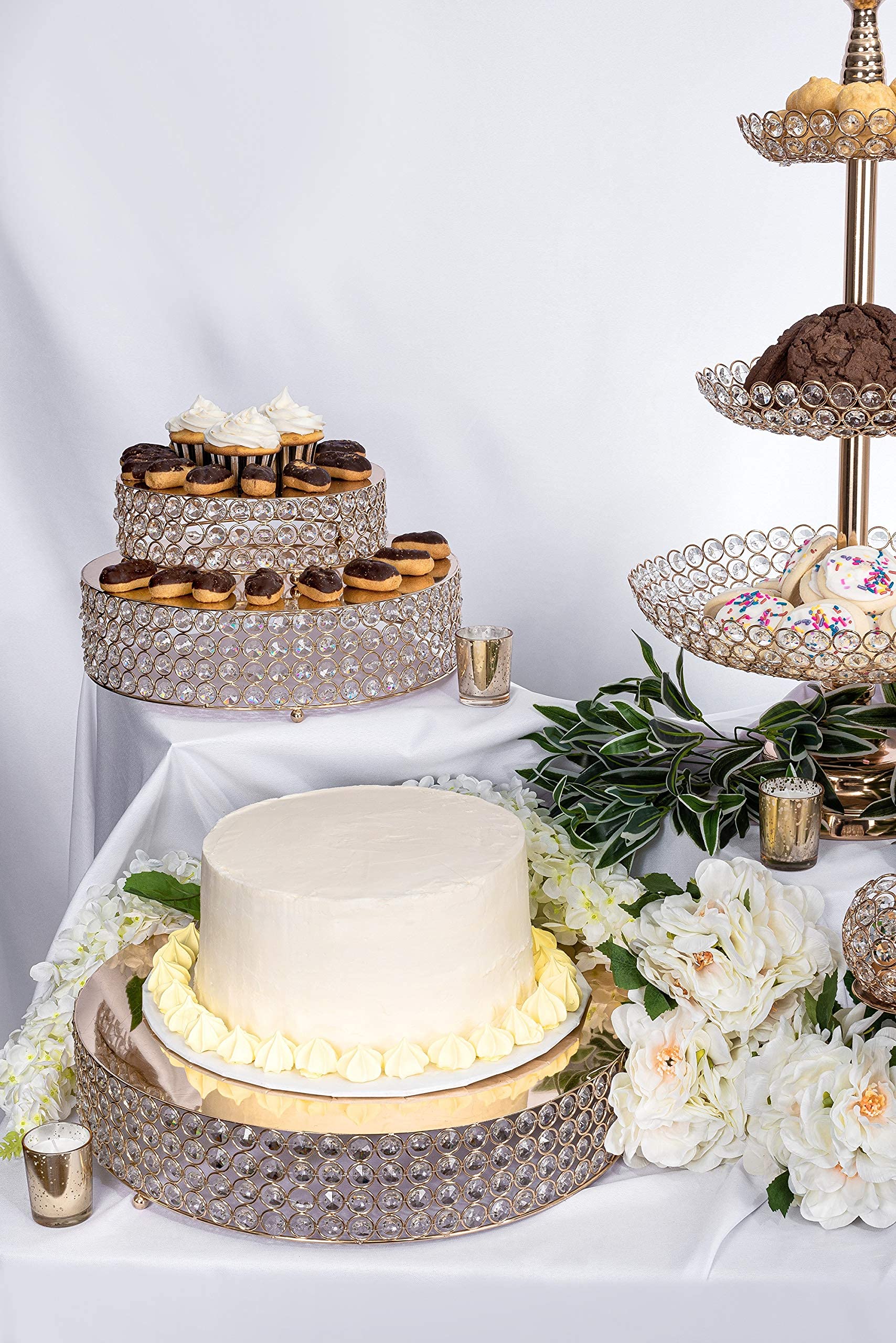 Simply Elegant - 18" Round Crystal Beaded Cake Stand, Large Cake, Dessert Cupcake Pastry Candy Display Plate for Wedding Event Birthday Party Celebration - Gold