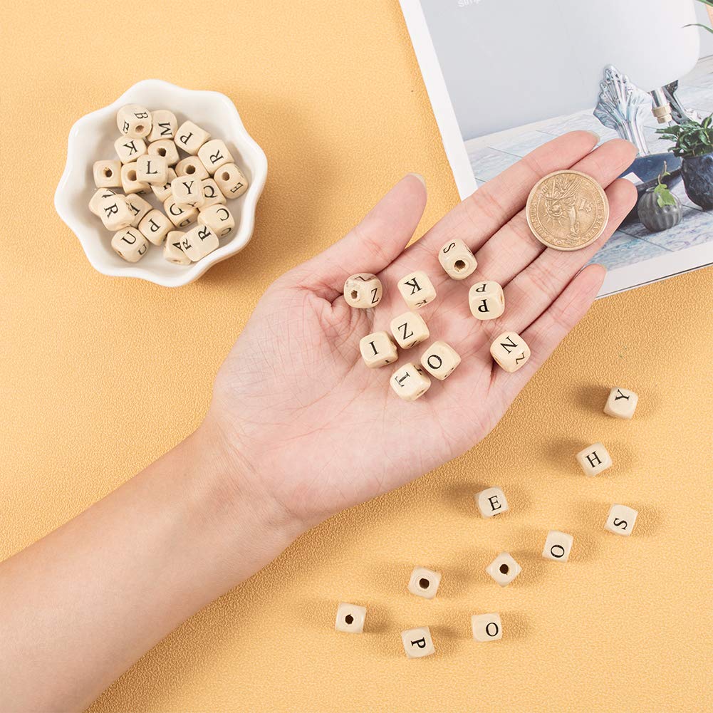 PH PandaHall 1060pcs 10mm Alphabet Wooden Beads Random Natural Square Wooden Beads 3~4mm Hole Wooden Loose Beads with Initial Letter Cube Beads Letter Beads for Jewelry Making and DIY Projects