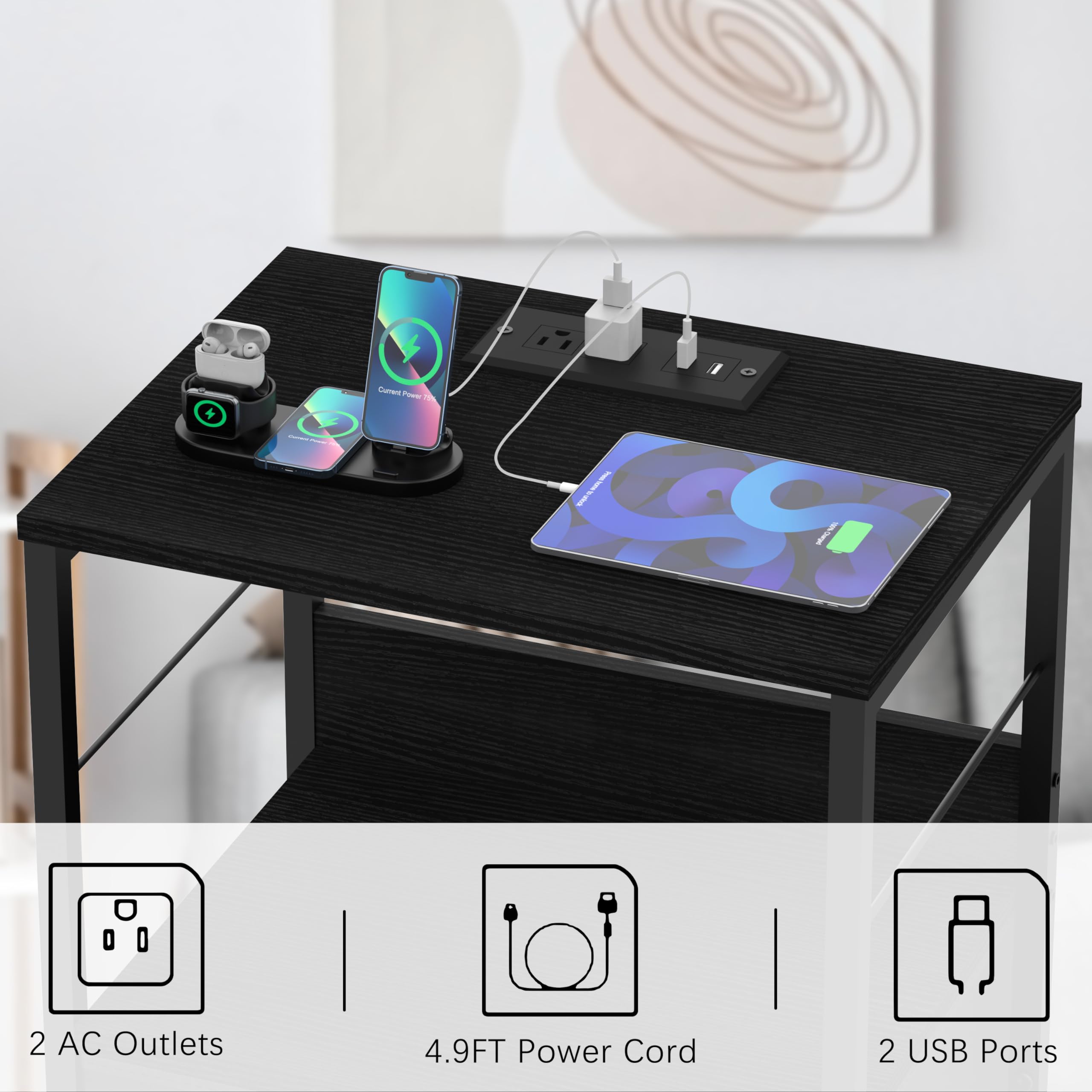NOVIMANGO White Nightstand with Charging Station End Side Table with Drawer Tall Bedside Table with USB Ports & Outlets 3 Tier Tall Night Stand with Fabric Drawer for Living Room Dorm Office