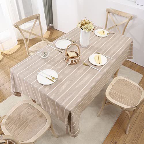 Simple&Opulence Linen and Cotton Stripe Waterproof Rectangle Tablecloth for Dinner,Picnic,and Indoor&Outdoor Party for Easter (Brown Background,White Stripe,60''x104'')
