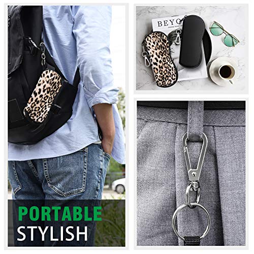 MoKo Eyeglasses Case, (2 Pack) Soft Zippered Neoprene Sunglasses Pouch Protective Eyewear Case Bag with Clip for Men and Women, Black and Leopard