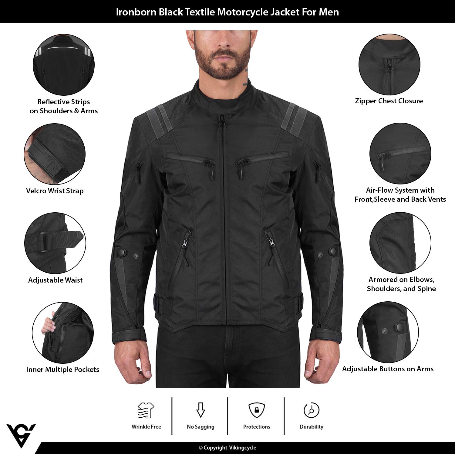 Nomad Motorcycle Jacket for Men, Ironborn Biker Jacket, Cruiser Sportsbike Enduro Mens Riding Jacket with Armor Protection (Medium, Black)