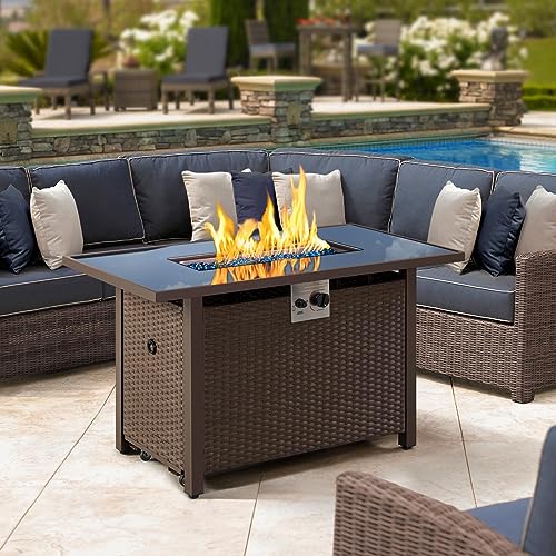 Yaheetech 43 Inch 50,000 BTU PE Rattan Propane Fire Pit with Tempered Glass Tabletop and Rain Cover, Gas Fire Pit with Lid and Fire Glass for Outdoor Heating/Patio/Terrace, Auto-Ignition, Brown
