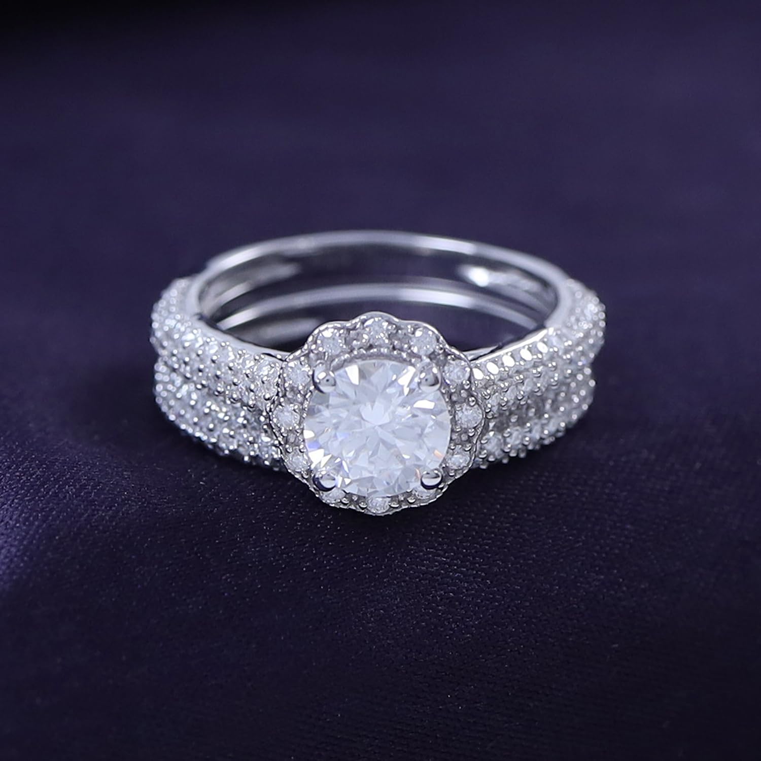 SAVEARTH DIAMONDS 1 1/2 ct. t.w Center 6MM Round Cut Lab Created Moissanite Diamond Double Halo Bridal Set Ring In 14k White Gold Over Sterling Silver (VVS1 Clarity, 1.50 Cttw)-7