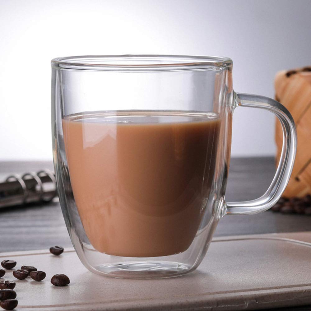 Sivaphe Double Wall Demitasse Cups With Handle 12oz Set of 2 Clear Borosilicate Glass Espresso Mugs for Latte, Cappuccino, Tea, Beverages, Ice Coffee