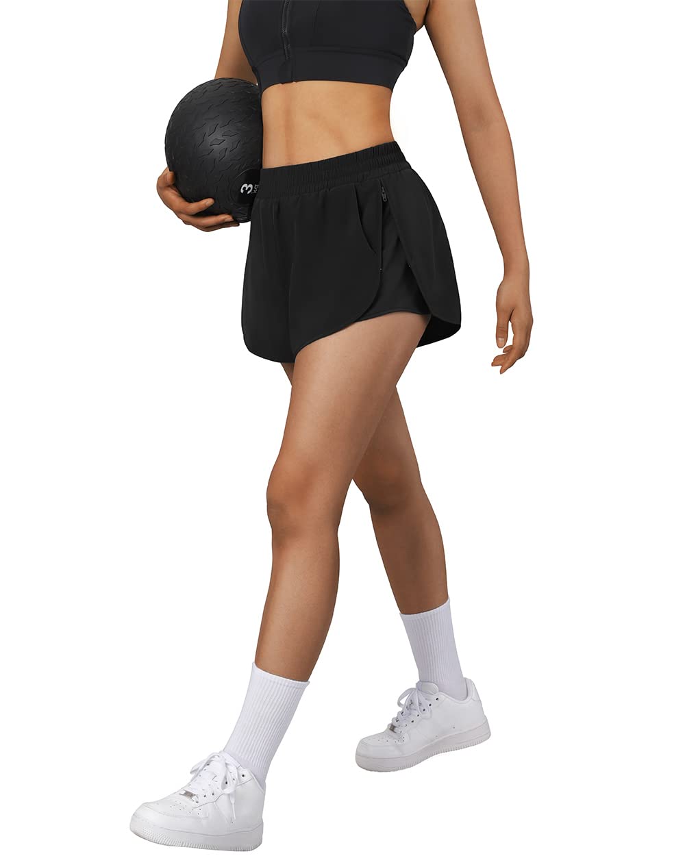 SUUKSESS Women Zipper Side Running Shorts with Pockets High Waist Workout Shorts (Black, M)