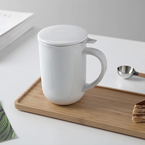 VIVA Minima Balance Pure White Porcelain Infuser Tea cup 17 oz / 500 ml Mug with Stainless Steel Infusion Mesh and Lid - Perfect for Loose Leaf Tea Brewing