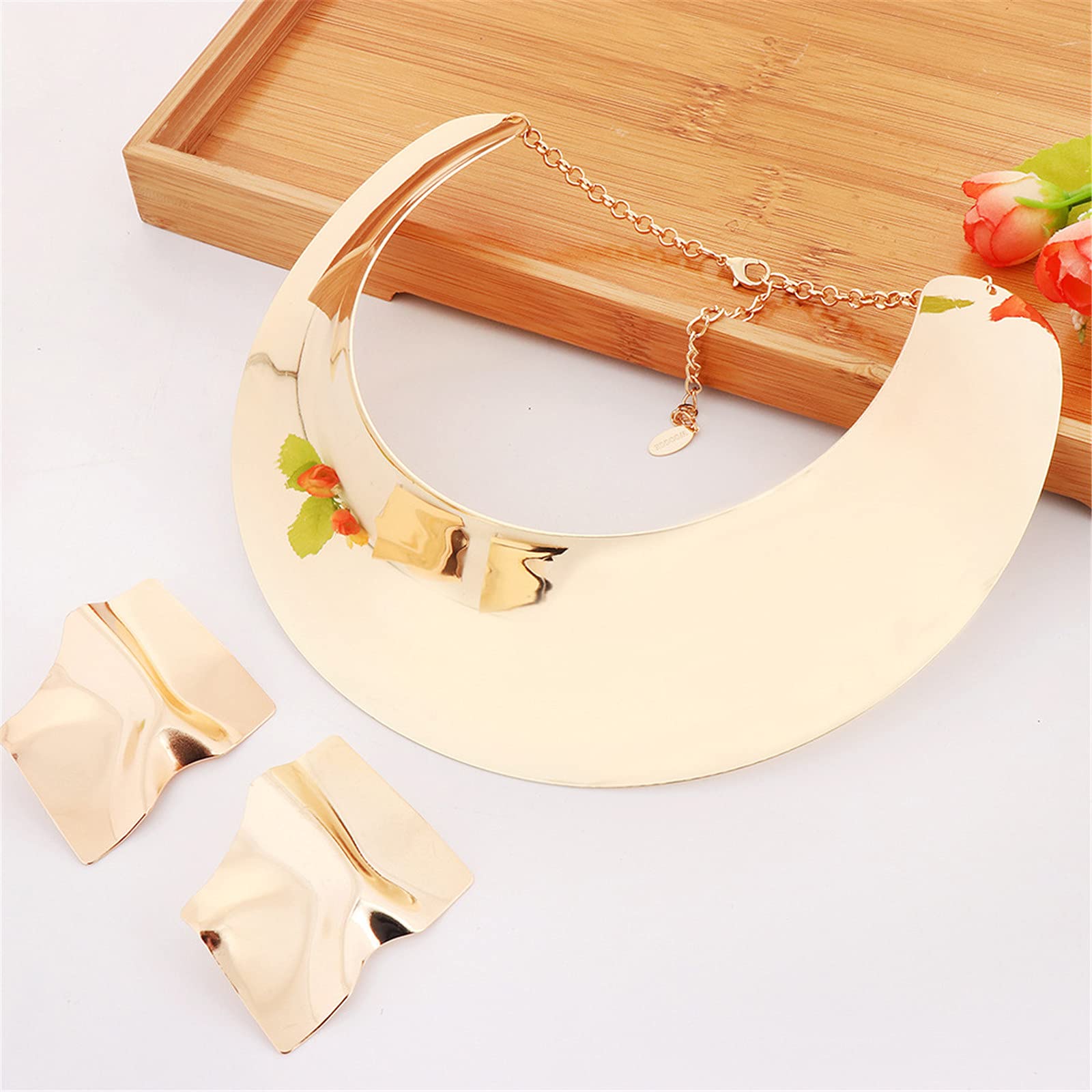 Punk Chunky African Choker Collar Necklace Drop Dangle Earrings Set 14K Gold Silver Plated Exaggerated Gothic Thick Statement Necklace for Women Hip Hop Jewelry Gift-A gold