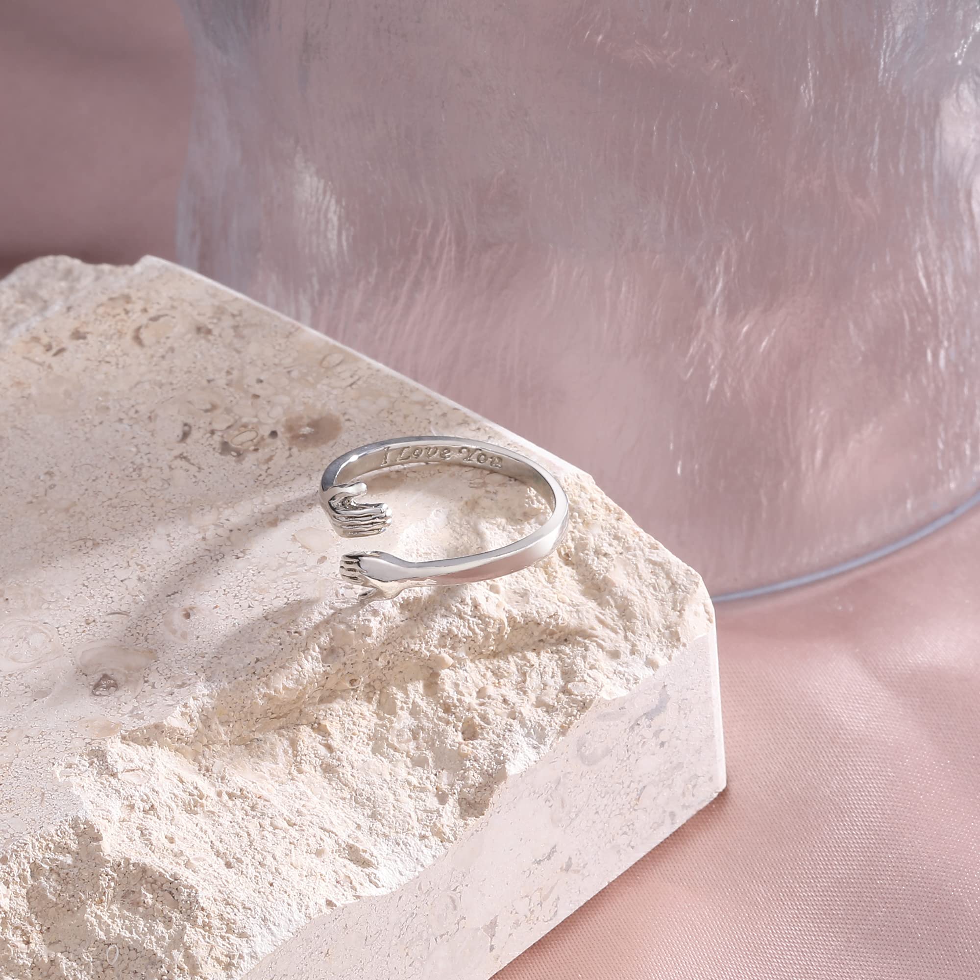 papasgix Hug Ring for Women 925 Sterling Silver,Hug Rings Silver Hugging Hands Open Promise Ring Jewelry Hug Hands Mens Rings Couples Wedding Bands (Silver)