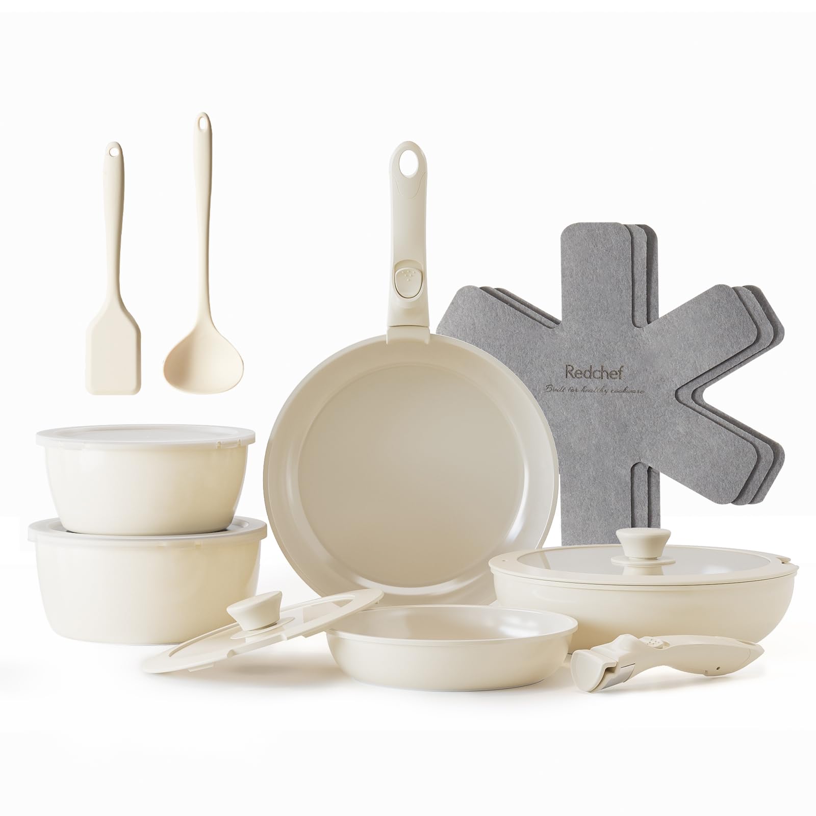 Non Stick Pots and Pan Set, Ceramic Cookware Set with Removable/Detachable Handle, Nonstick Induction Cooking Pan Set-Stackable for RV Camping, Non Toxic PFAS PFOA Free, Dishwasher Oven Safe
