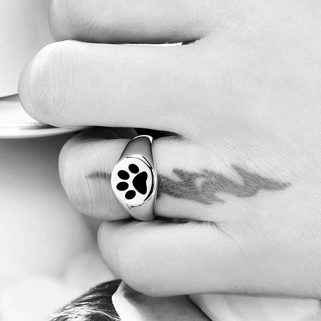 Stainless Steel Round Signet Style Dog's Paw Pet Statement Cocktail Party Anniversary Ring (Silver, 9)