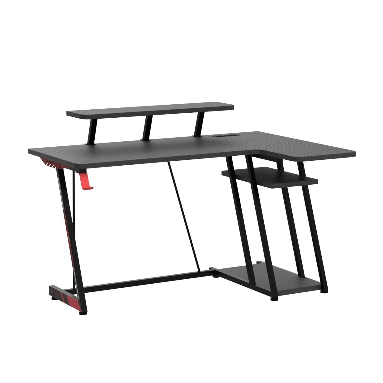 MOTPK L Shaped Gaming Desk with Led Lights, Small Corner Gaming Desk with Storage Shelf & Power Outlets, Computer Desk with Carbon Fiber Texture, 47 Inch, Black